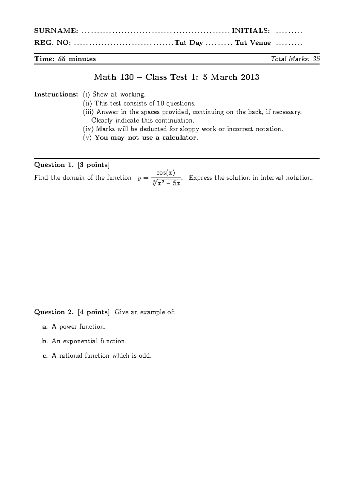 Class Test 1 March 2013 MATH130 - SURNAME
