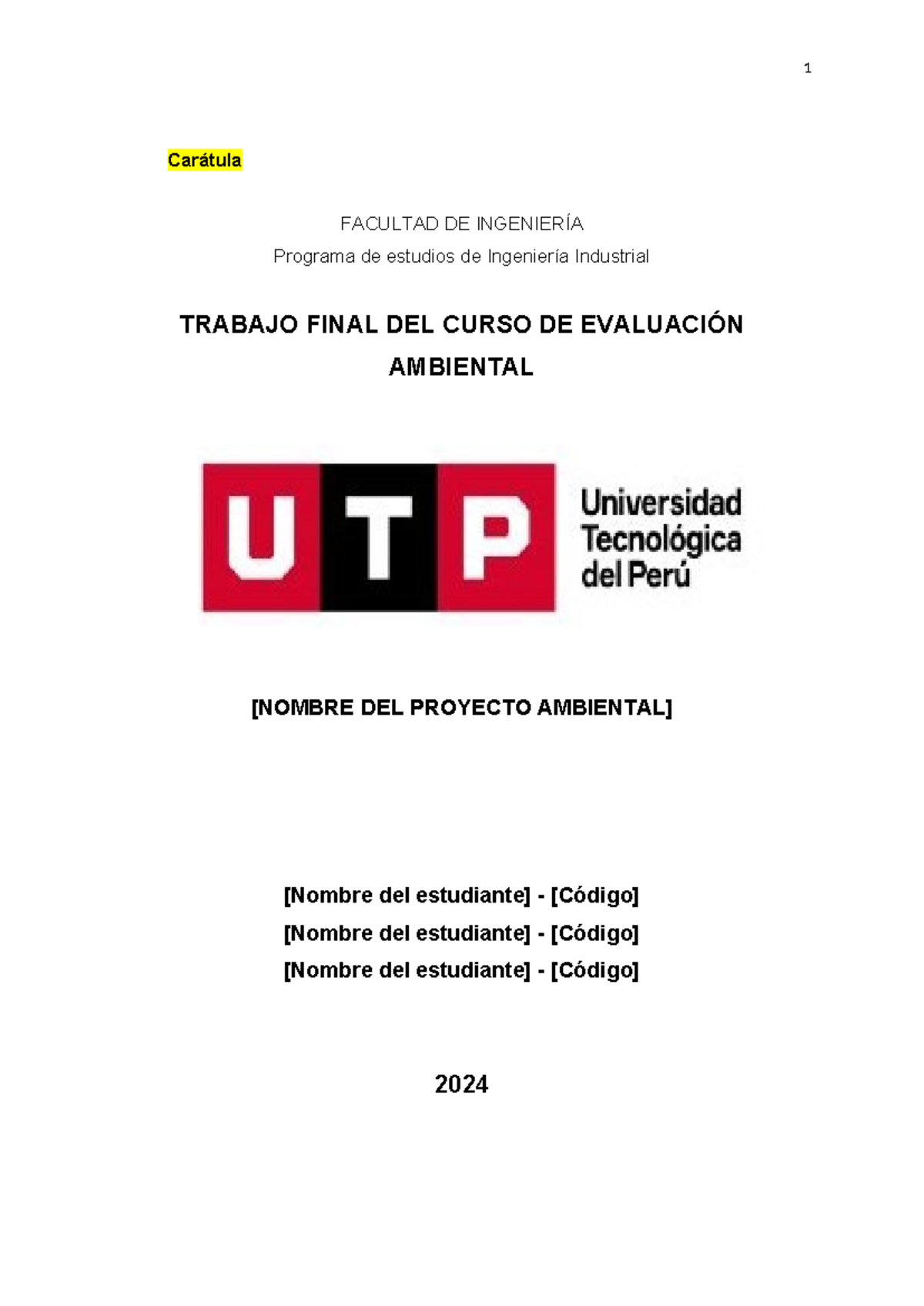 Trabajo UTP modelo - fgfhg - Carátula FACULTAD DE INGENIERÍA Programa ...