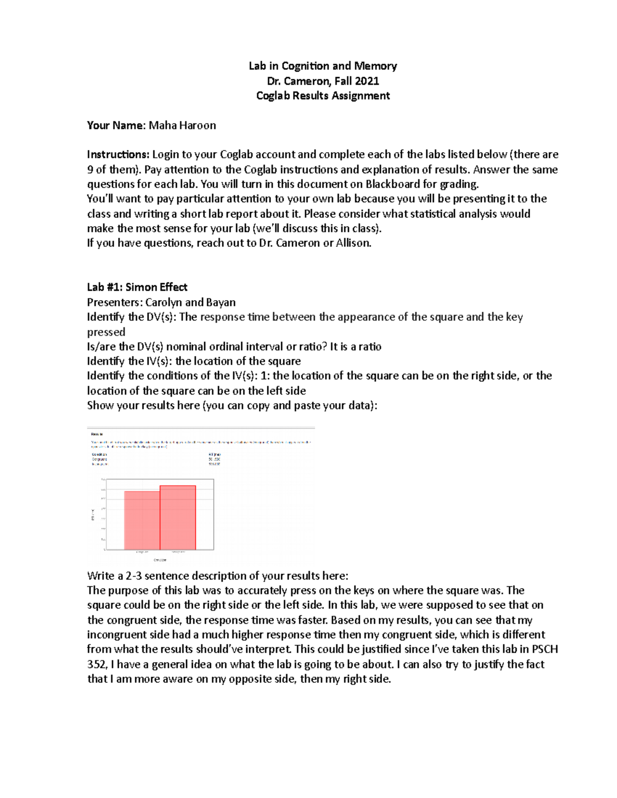 Coglab Results Assignment - Lab in Cognition and Memory Dr. Cameron ...