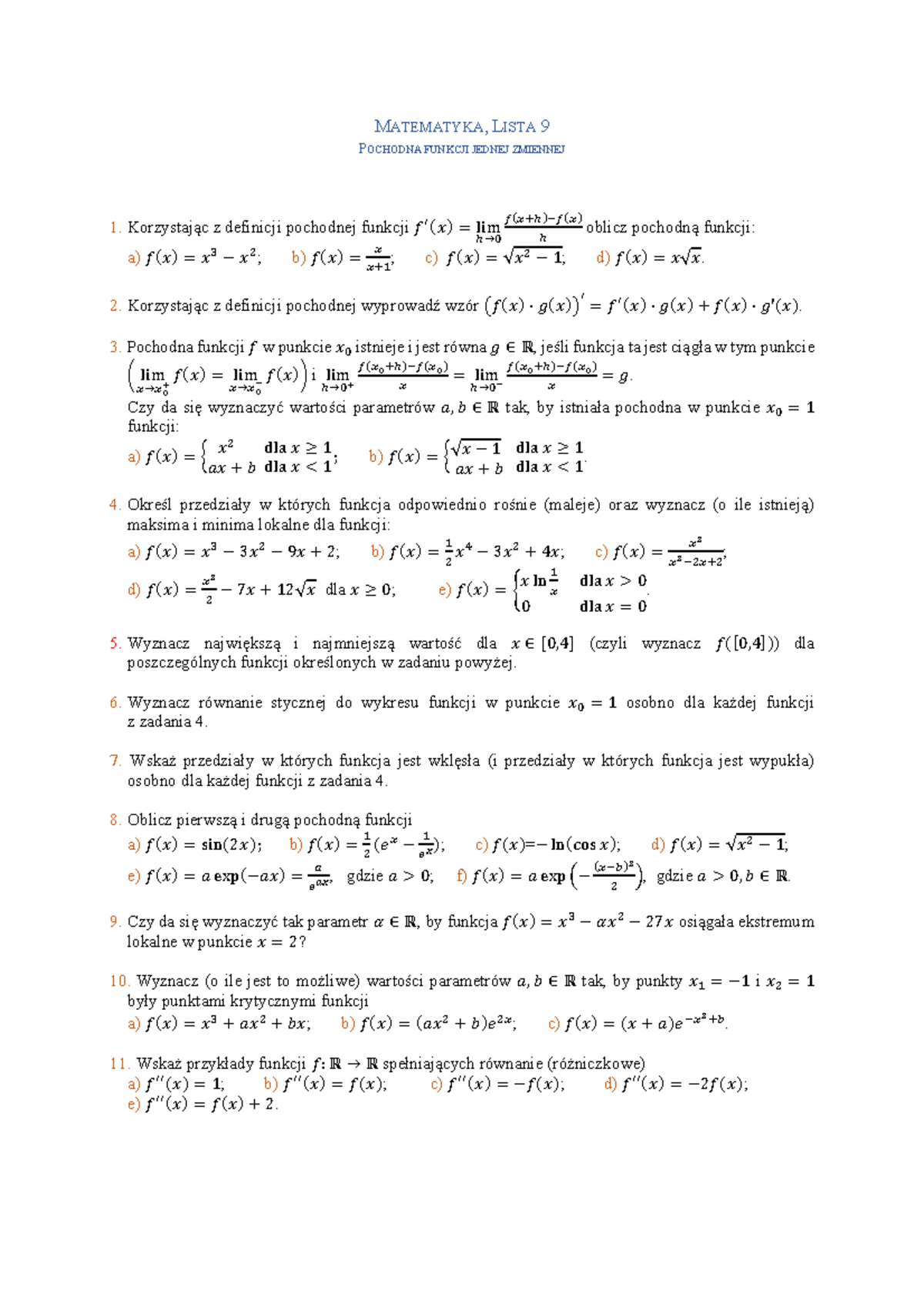 Lista 9 - MATEMATYKA, LISTA 9 POCHODNA FUNKCJI JEDNEJ ZMIENNEJ ...