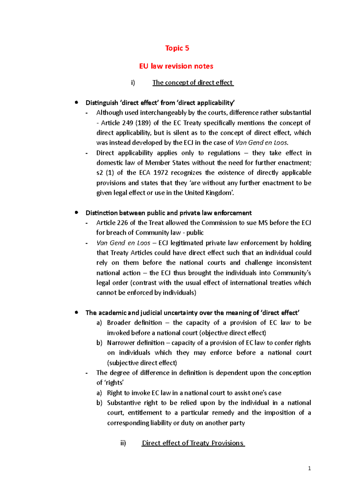 Eu Law Revision Notes Topic 5 Eu Law Revision Notes I The Concept Of Direct Efect Disinguish