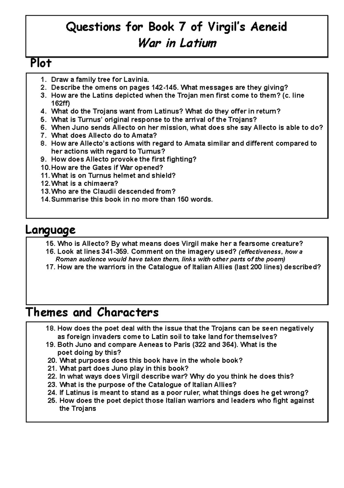 Aeneid Questions for Book 7 - Questions for Book 7 of Virgil’s Aeneid ...