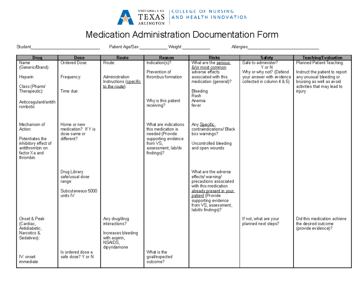 Heparin - lmao - Medication Administration Documentation Form Student