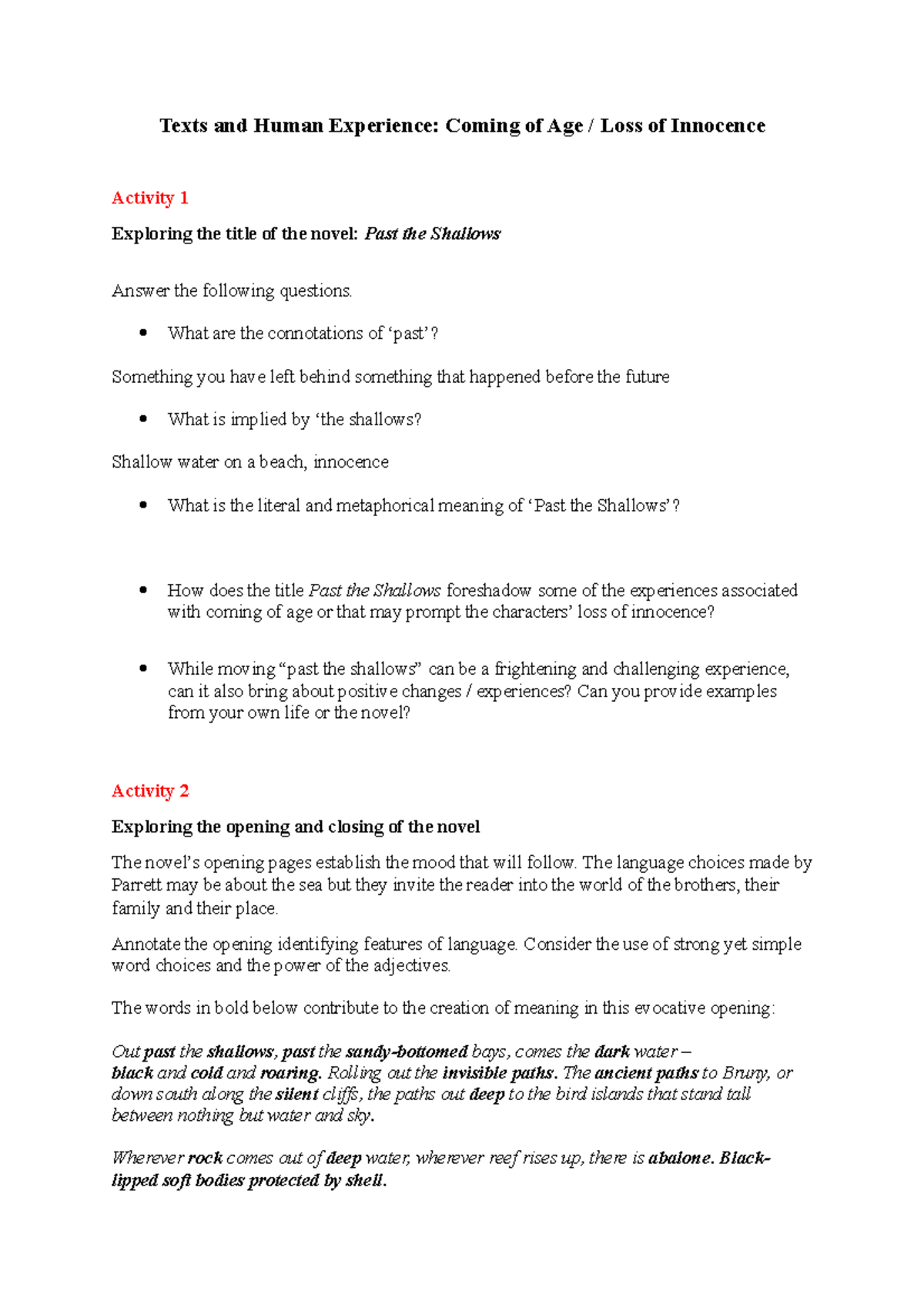 PTS Coming of Age and Loss of Innocence Extracts and Activities - Texts ...
