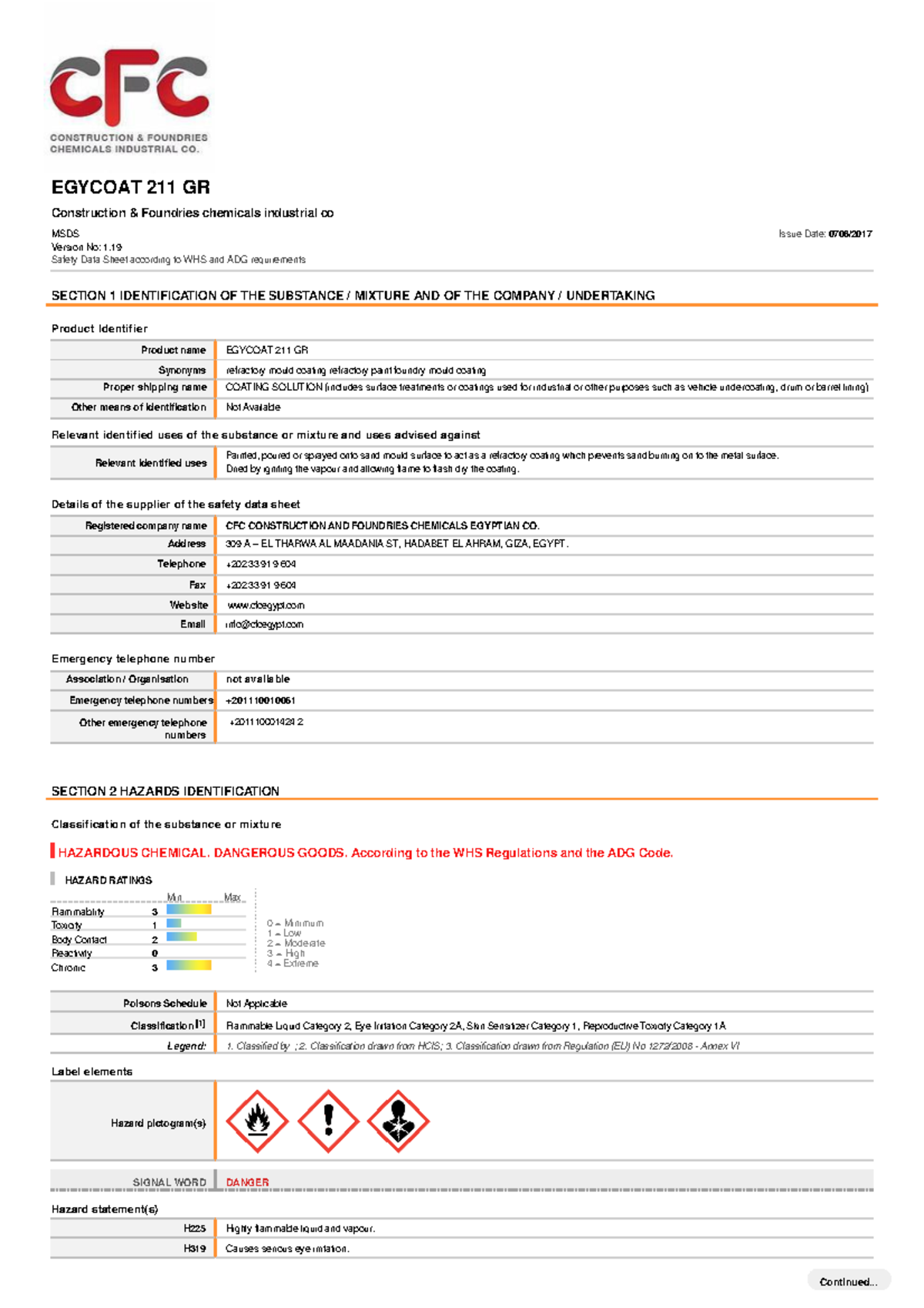MSDS Egycoat 211 GR - metallurgy - Issue Date: 07 08/ Painted, poured ...