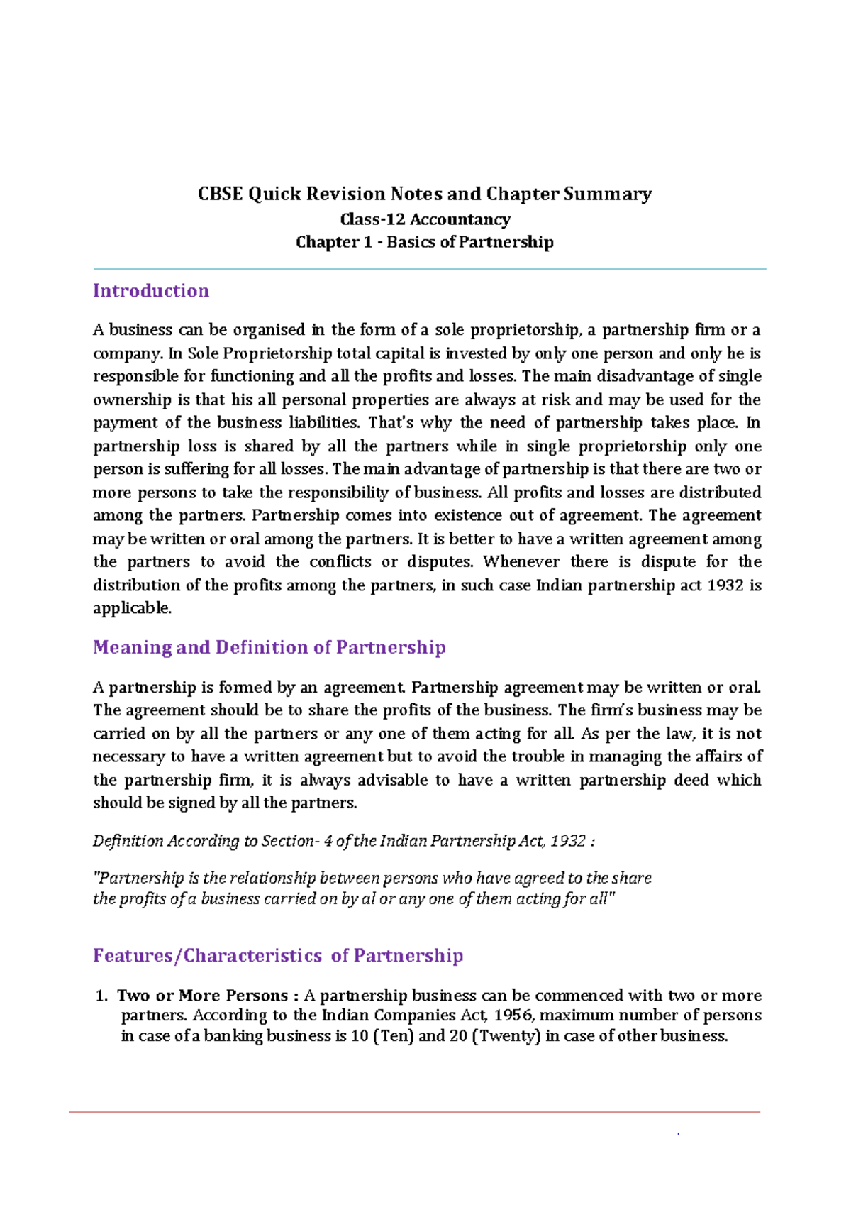 Basics of partnership - CBSE Quick Revision Notes and Chapter Summary ...