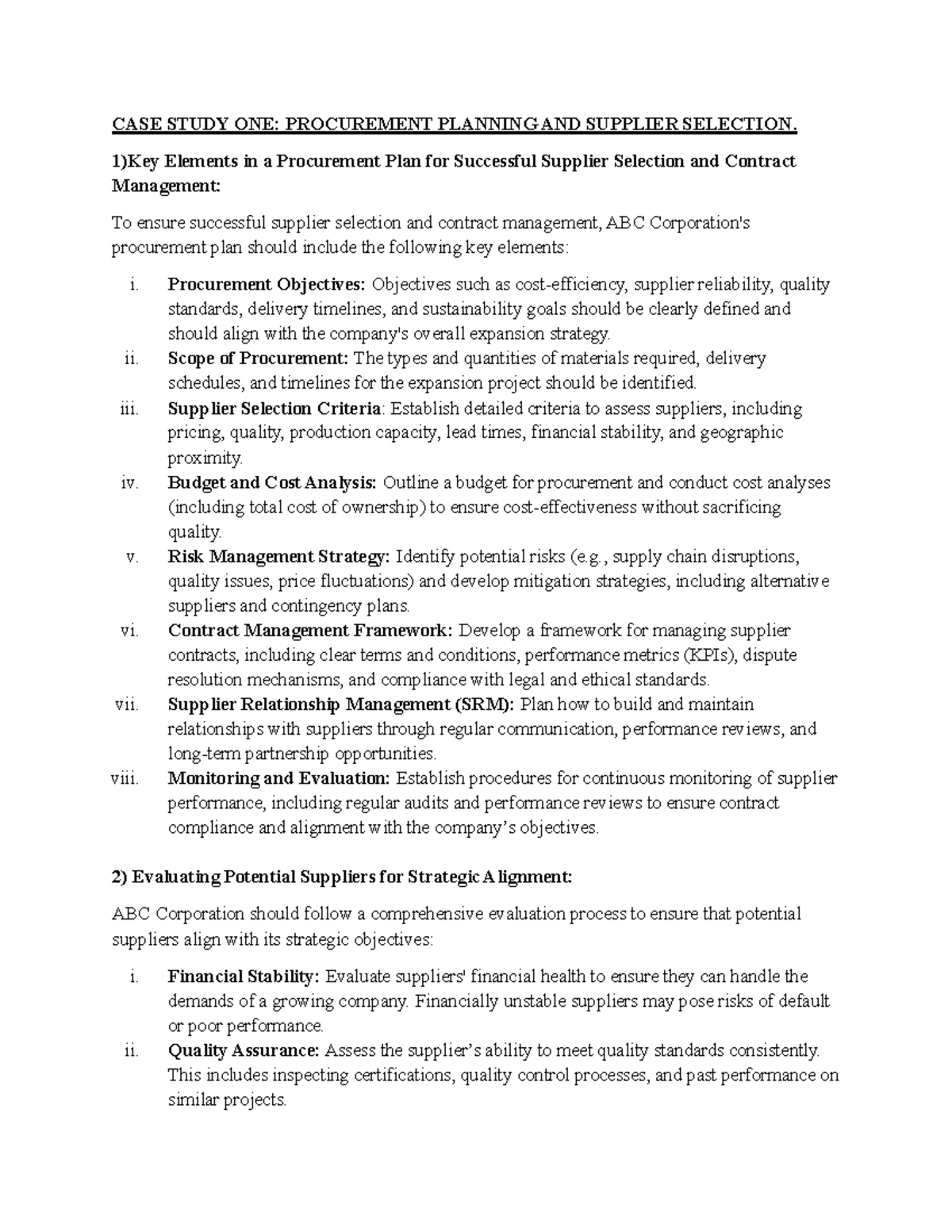 Principles of Procurement Assignment 1 - CASE STUDY ONE: PROCUREMENT PLANNING AND SUPPLIER - Studocu