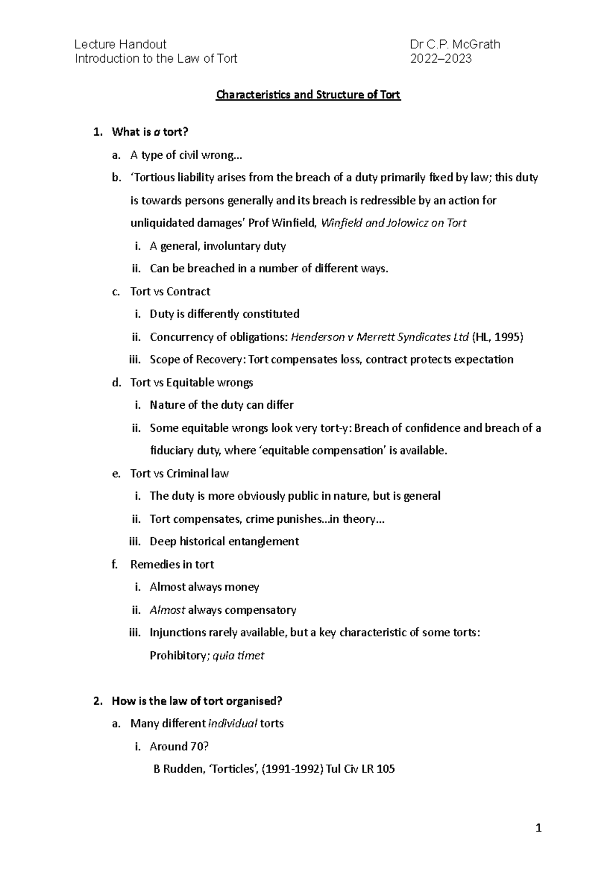 Introduction to Tort Handout - Introduction to the Law of Tort 2022 ...