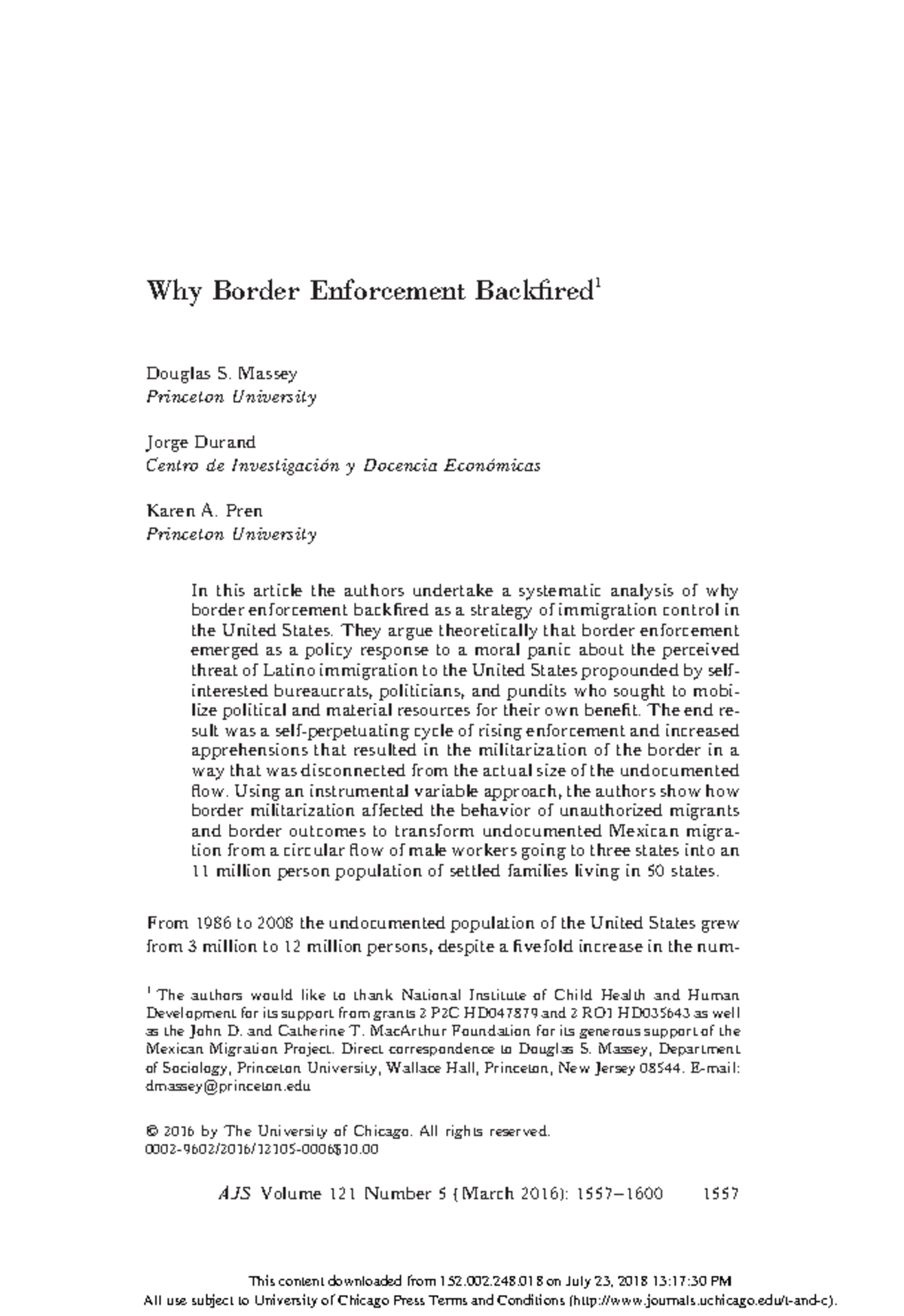 Massey et al Why borders backfired - Why Border Enforcement Backfired 1 ...