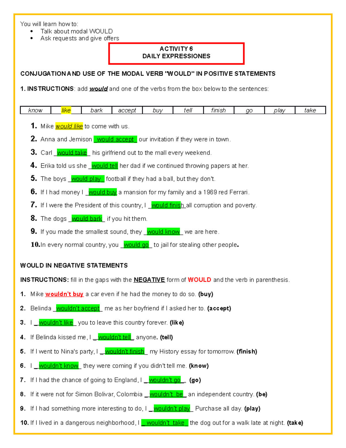 Activity 6 Modal Would - INGLES GUIA 6 - You will learn how to: Talk ...