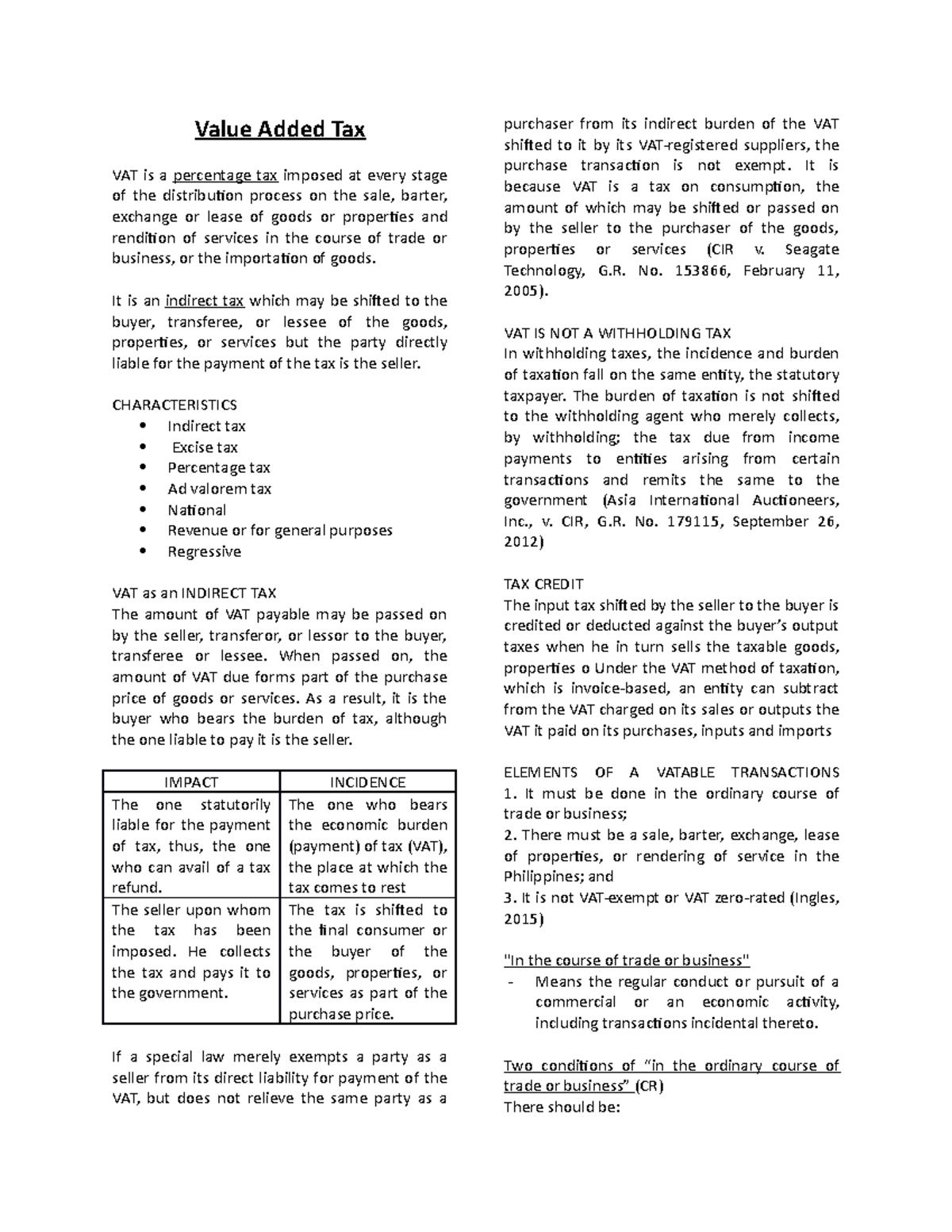Value Added Tax - Taxation 2 - Value Added Tax VAT is a percentage tax ...