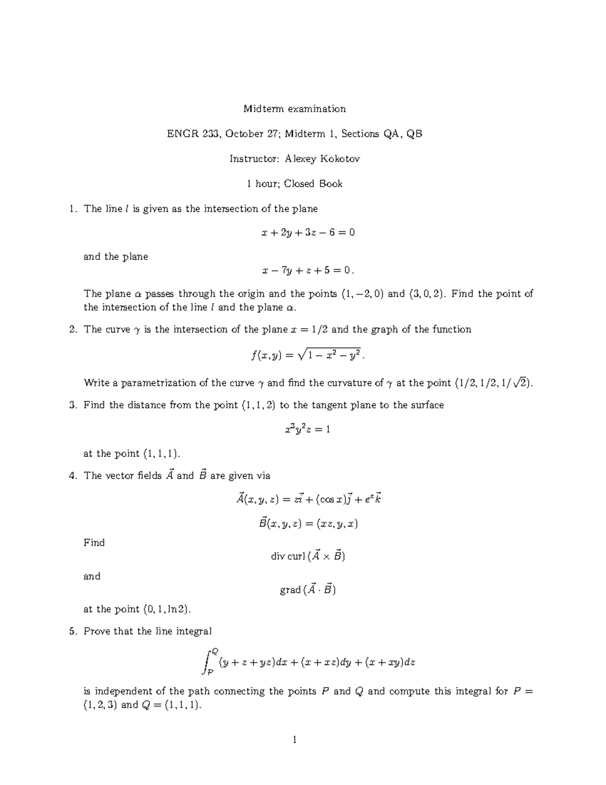Midterm 233 - Midterm examination ENGR 233, October 27; Midterm 1, Sections QA, QB Instructor ...