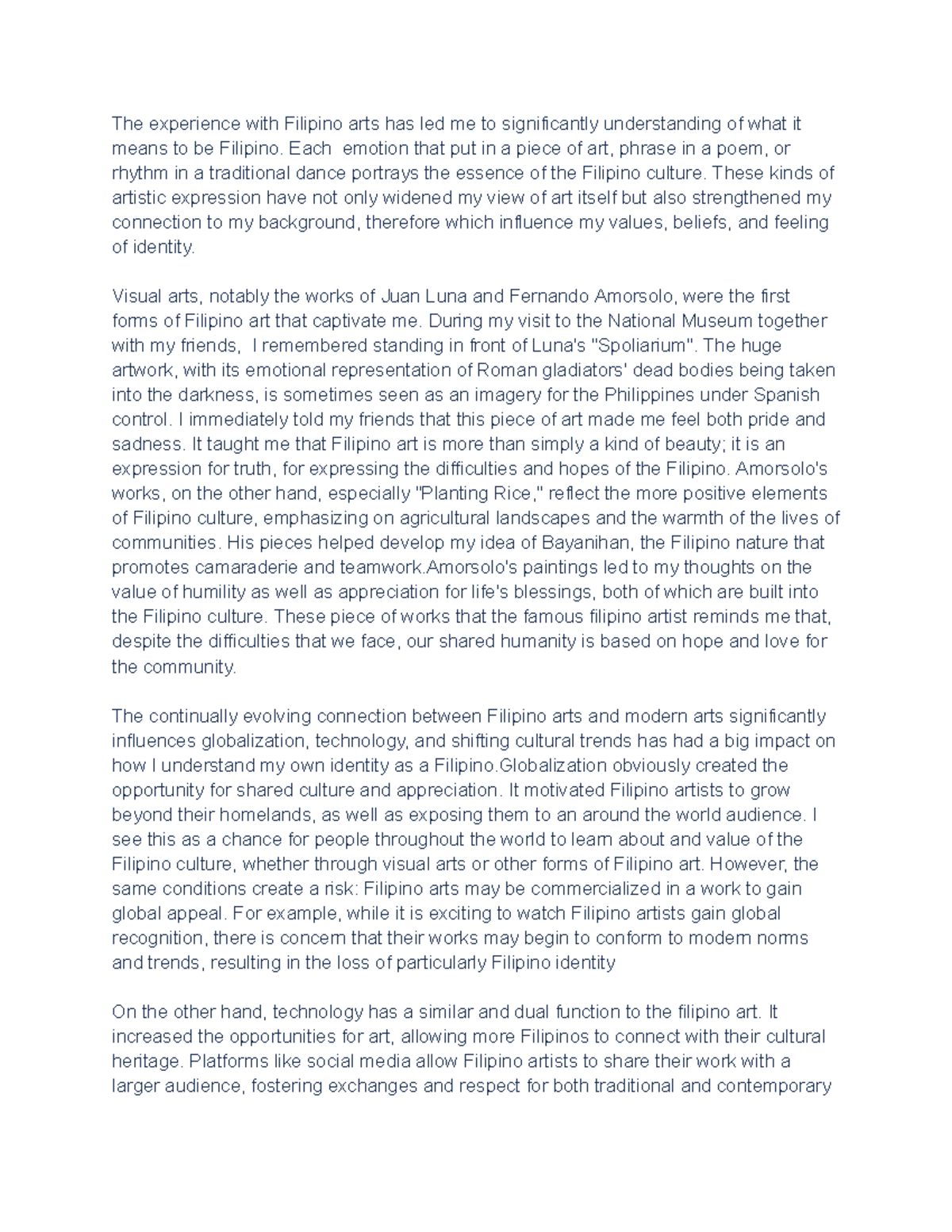 Reflective essay - The experience with Filipino arts has led me to ...