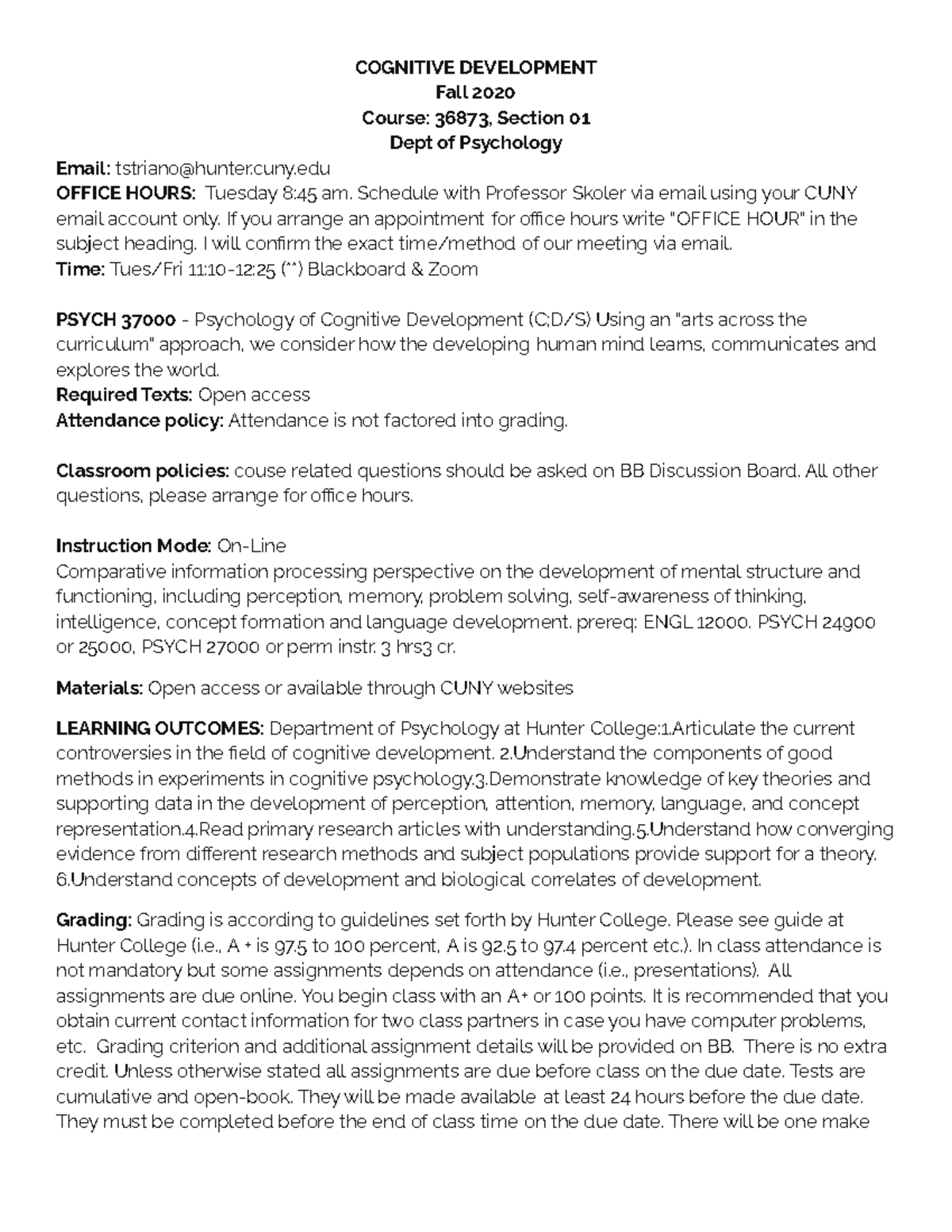 PSYCH 370 Cognitive Development Syllabus - COGNITIVE DEVELOPMENT Fall ...