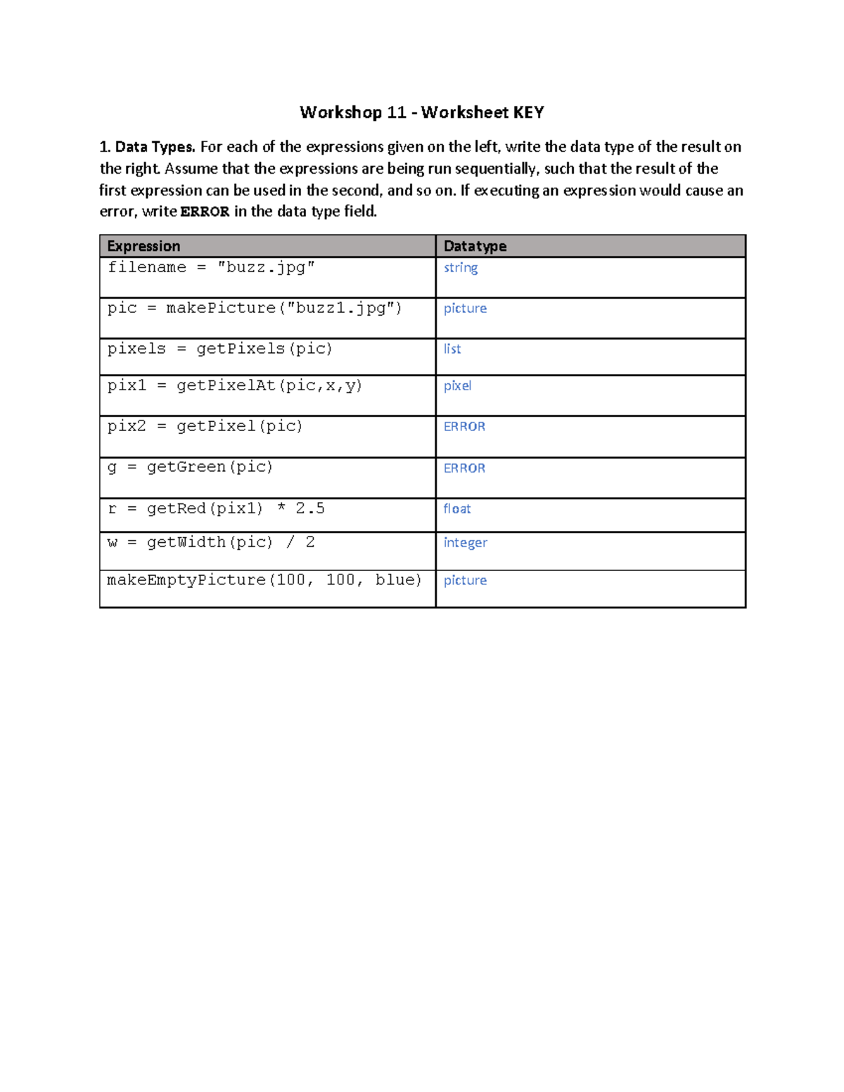 Worksheet 11 KEY - Workshop 11 - Worksheet KEY Data Types. For each of ...