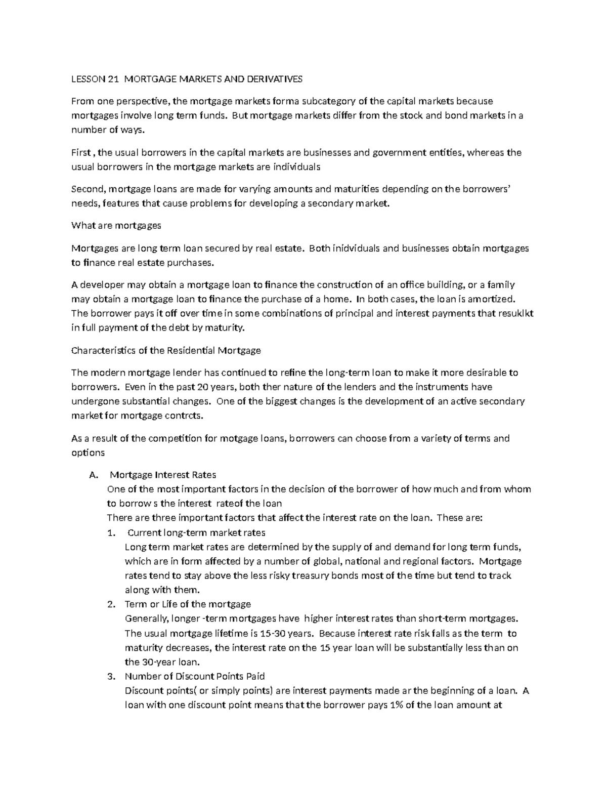 Lesson 21 Mortgage Markets AND Derivatives - LESSON 21 MORTGAGE MARKETS ...