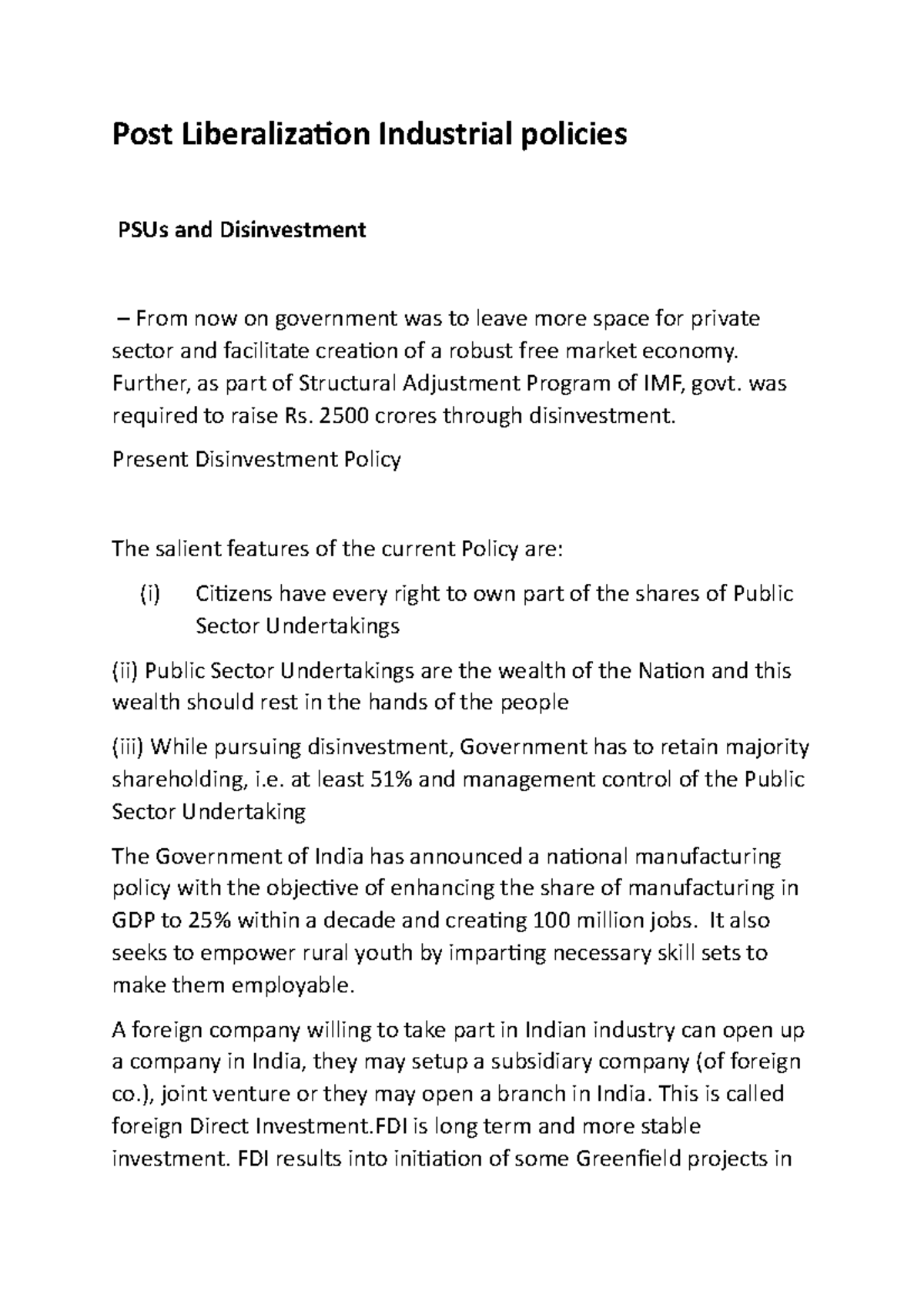 Industrial Policy in post liberalization - Post Liberalization ...