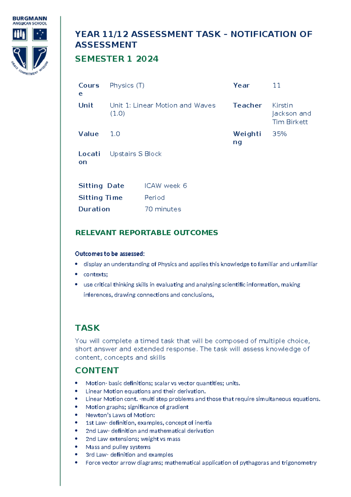 NOA of test1 2024 - jik2htin2ot2 - YEAR 11/12 ASSESSMENT TASK ...