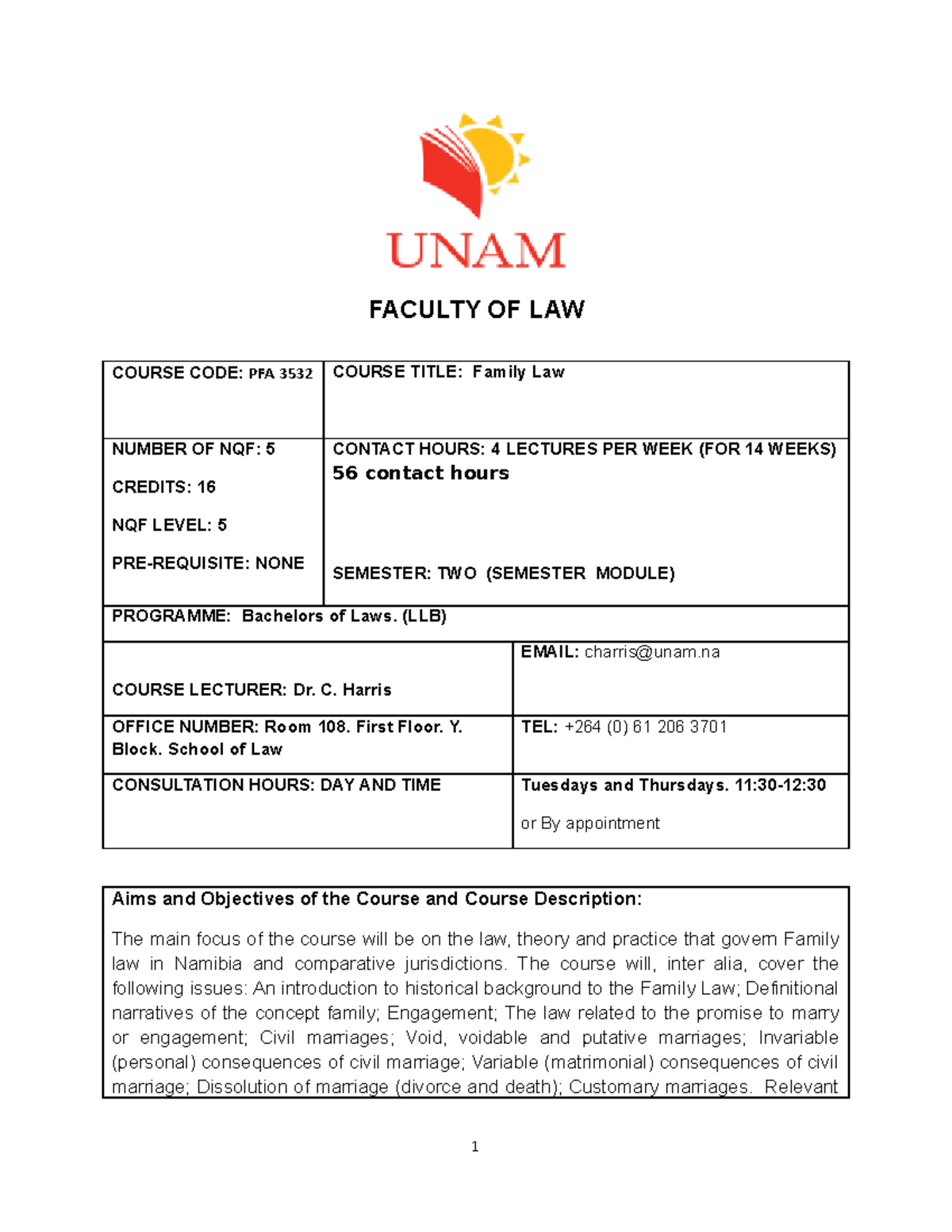Course Outline for Family law - FACULTY OF LAW COURSE CODE: PFA 3532 ...