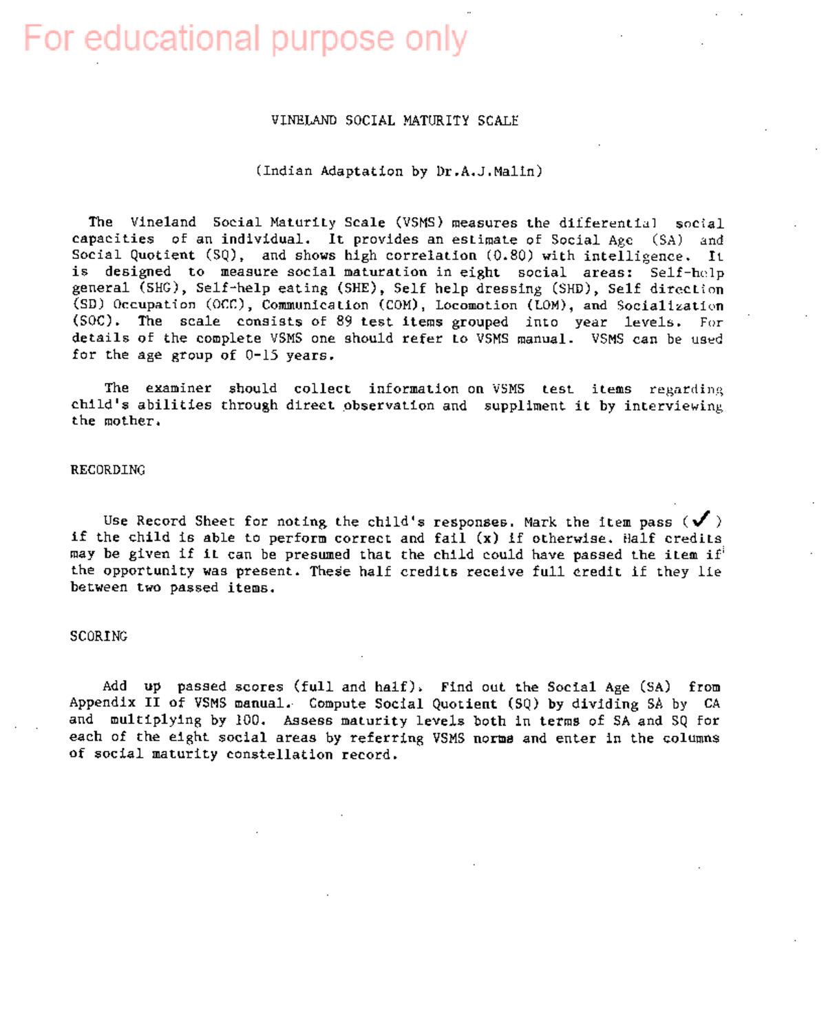 VSMS - This material is only for study and practice. - VINELAND SOCIAL ...