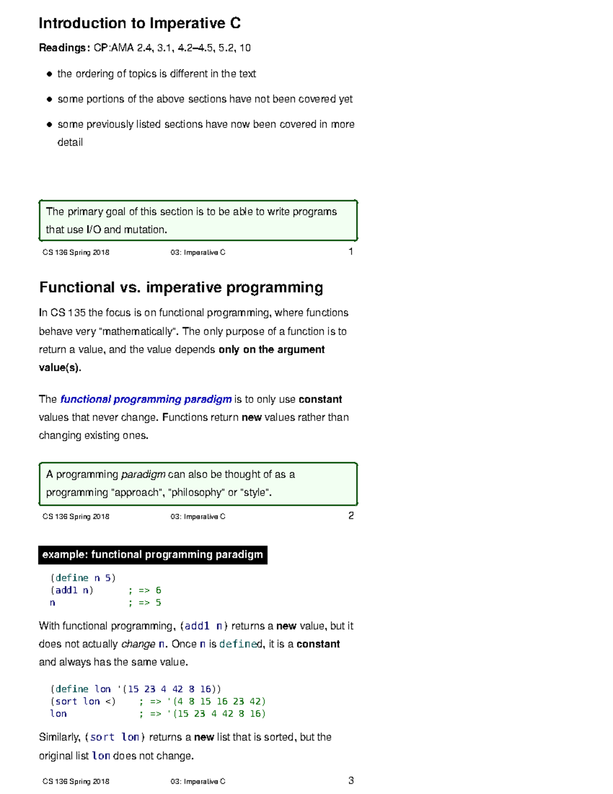 Cs-5 - Lecture notes - Introduction to Imperative C Readings: CP:AMA 2 ...