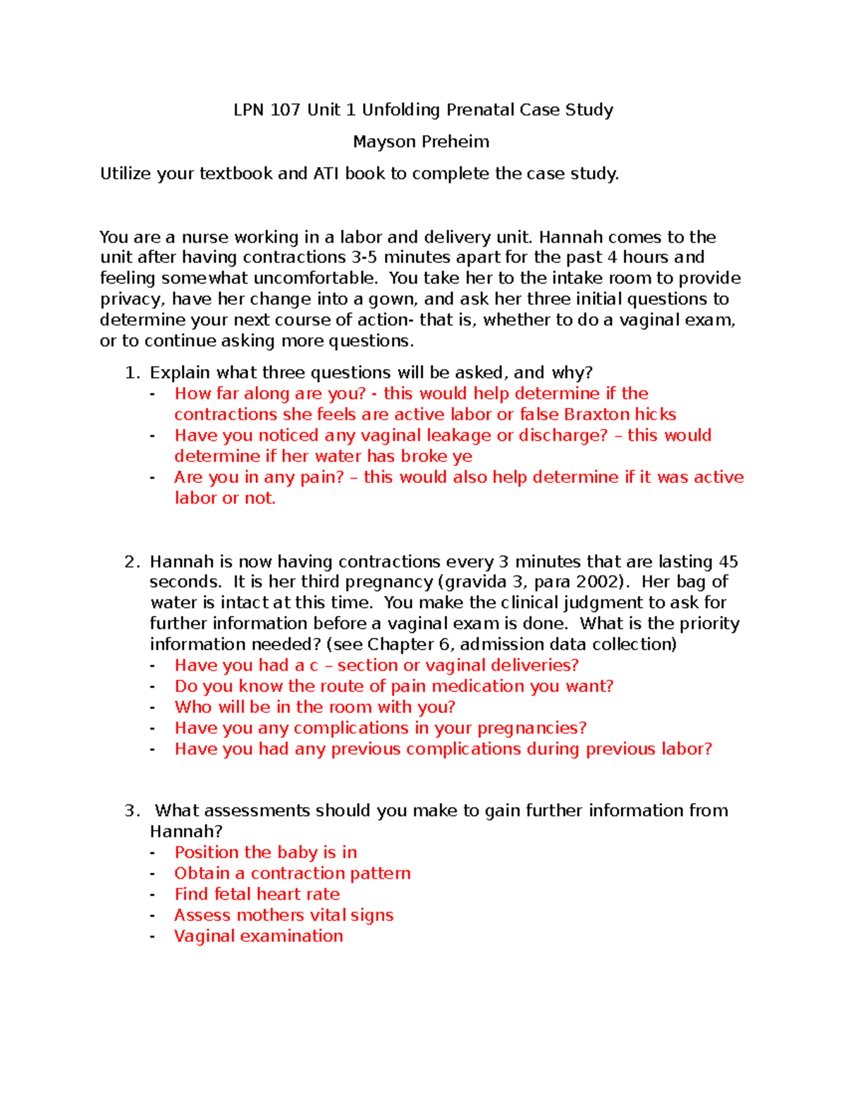 LPN 107 Unit 1 Unfolding Intrapartum case study - LPN 107 Unit 1 ...