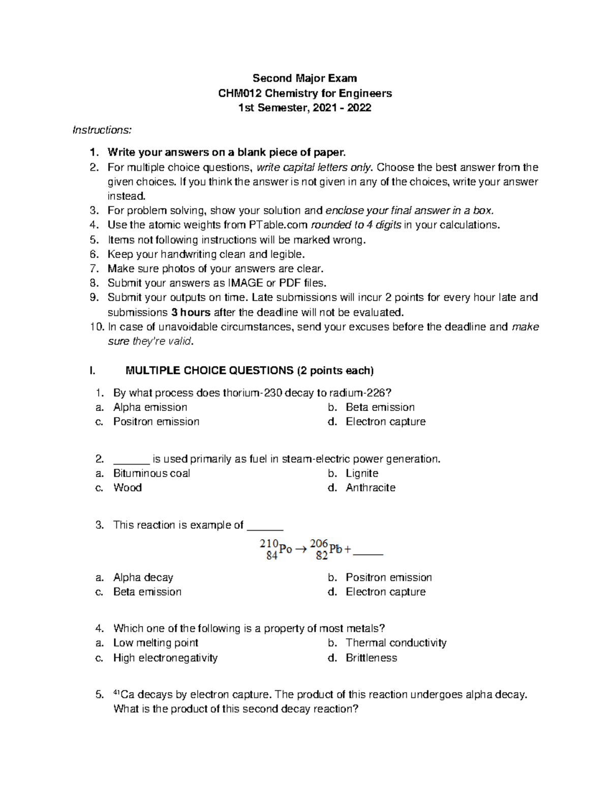 CHM012 Major Exam 2 - Chemistry for Engineers - Second Major Exam ...