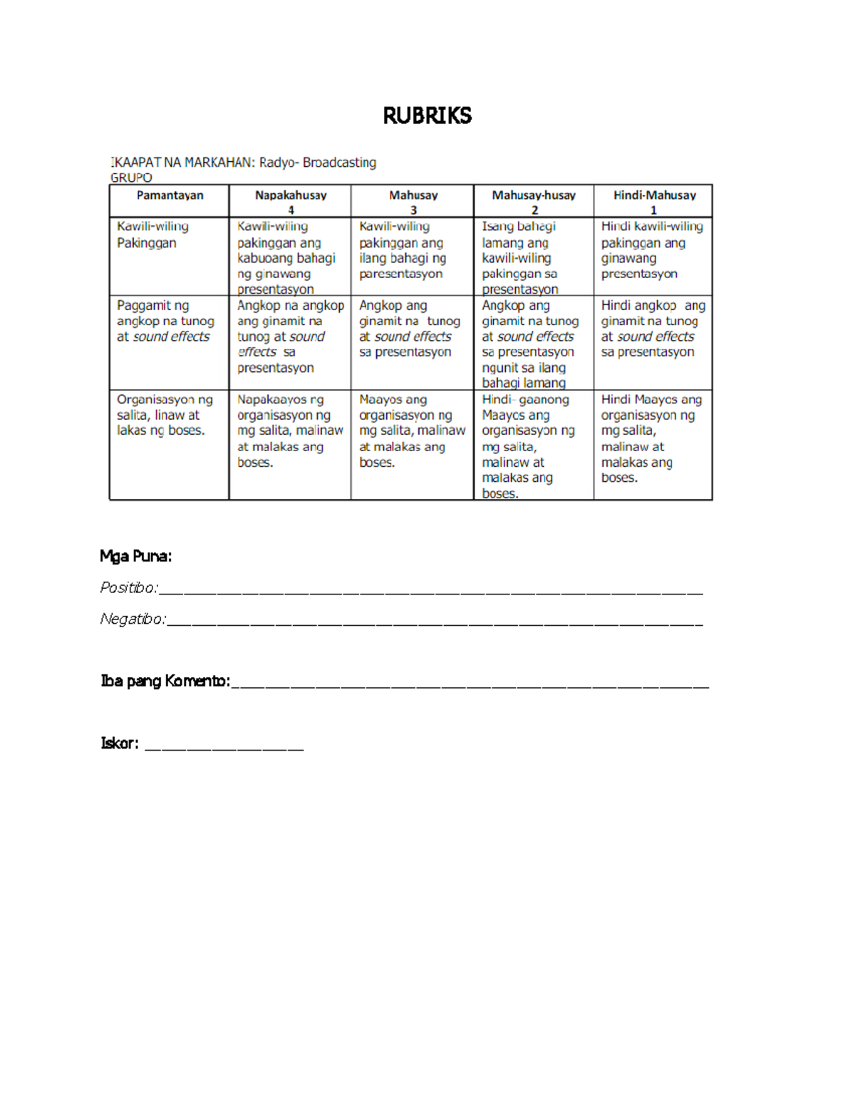 Rubriks - for assignments and quizzes - BSN Nursing - RUBRIKS Mga Puna ...