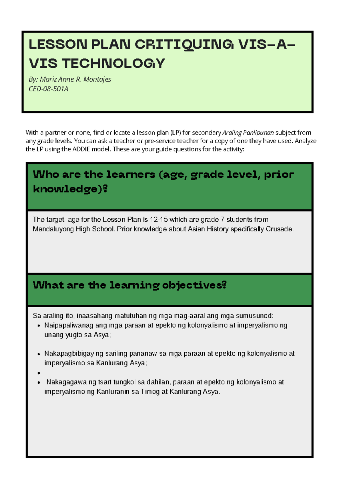 Montajes, Lesson PLAN Critiquing - LESSON PLAN CRITIQUING VIS-A- VIS ...