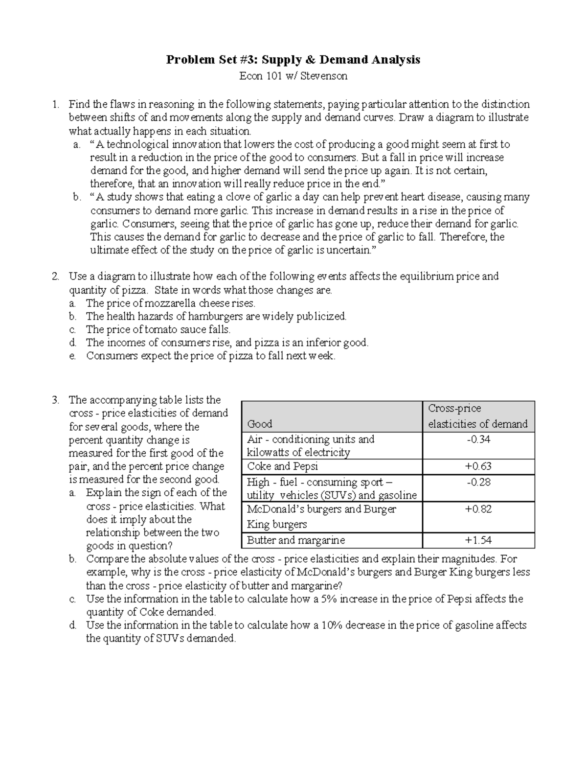 PS 3, S&D analysis - For PS3 - Problem Set #3: Supply & Demand Analysis Econ 101 w/ Stevenson ...