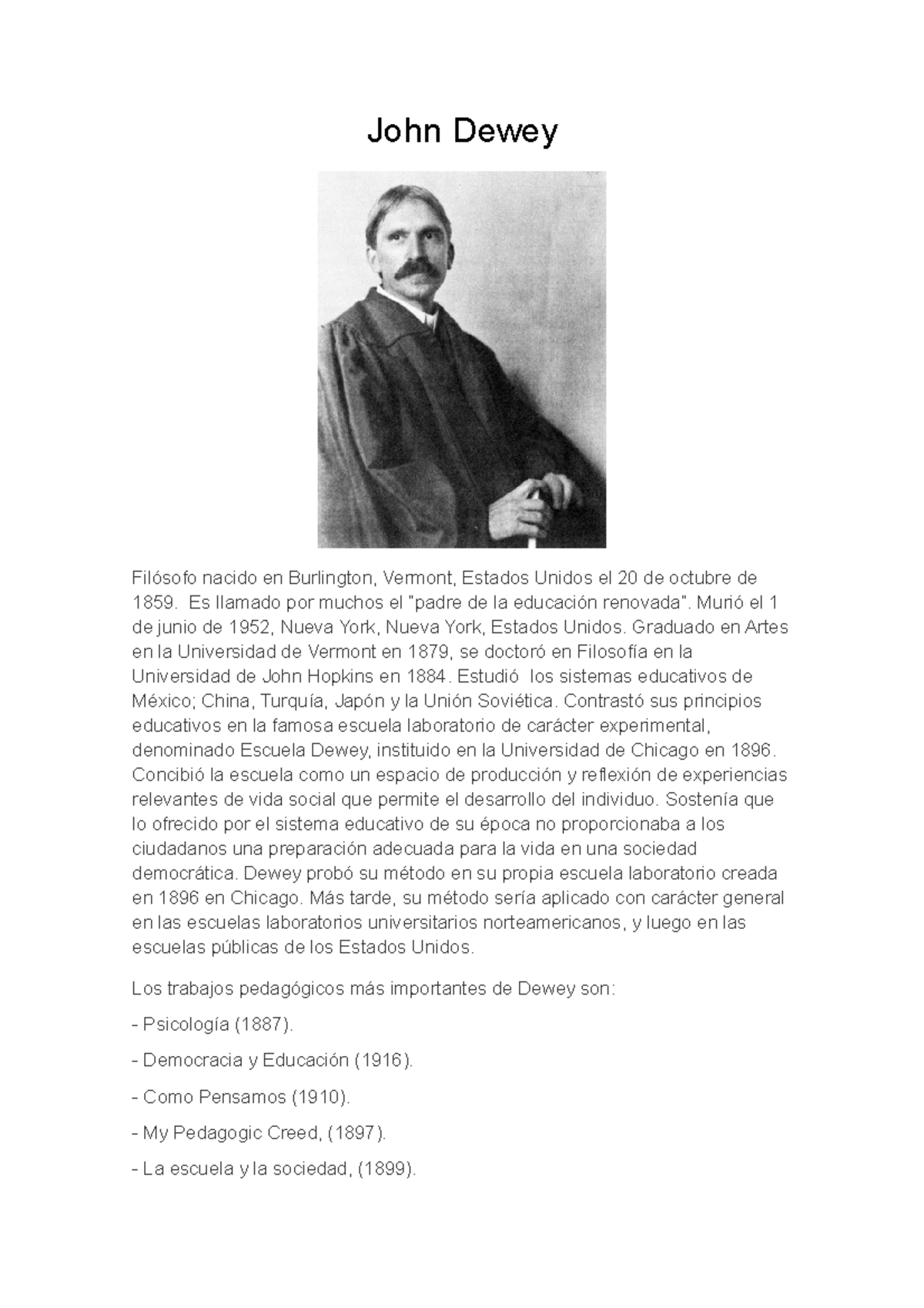 Bibliografia John Dewey - John Dewey Filósofo nacido en Burlington ...