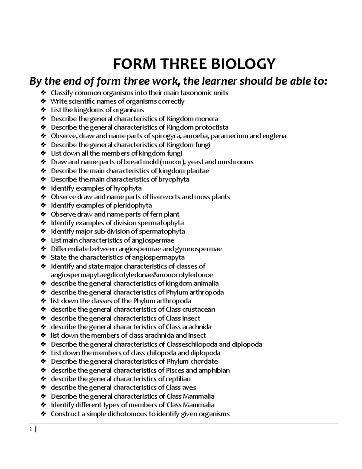 FORM Three Biology - Good - FORM THREE BIOLOGY By the end of form three ...