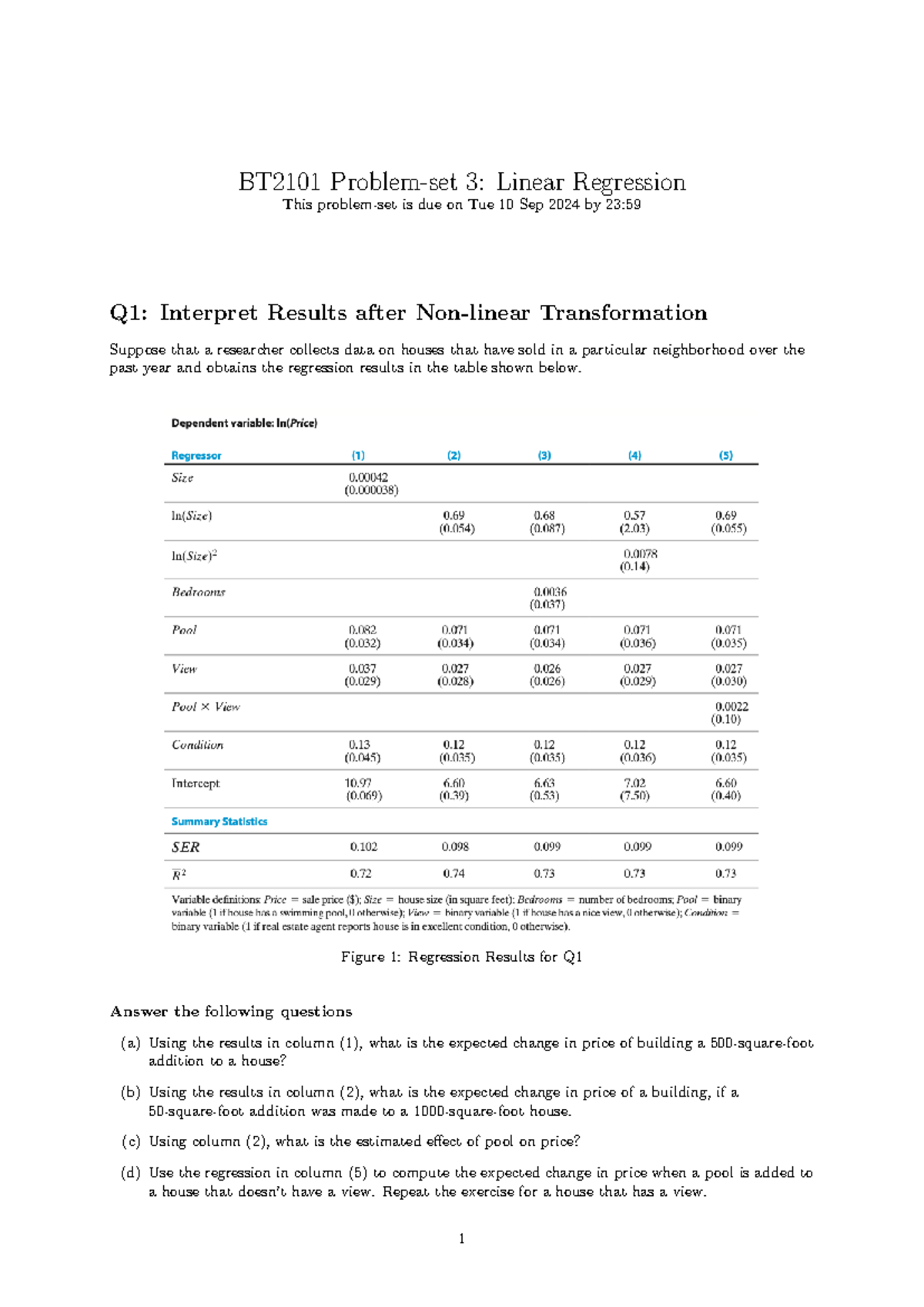 BT2101 PS3 2024 - lecture note - BT2101 Problem-set 3: Linear Regression This problem-set is due ...