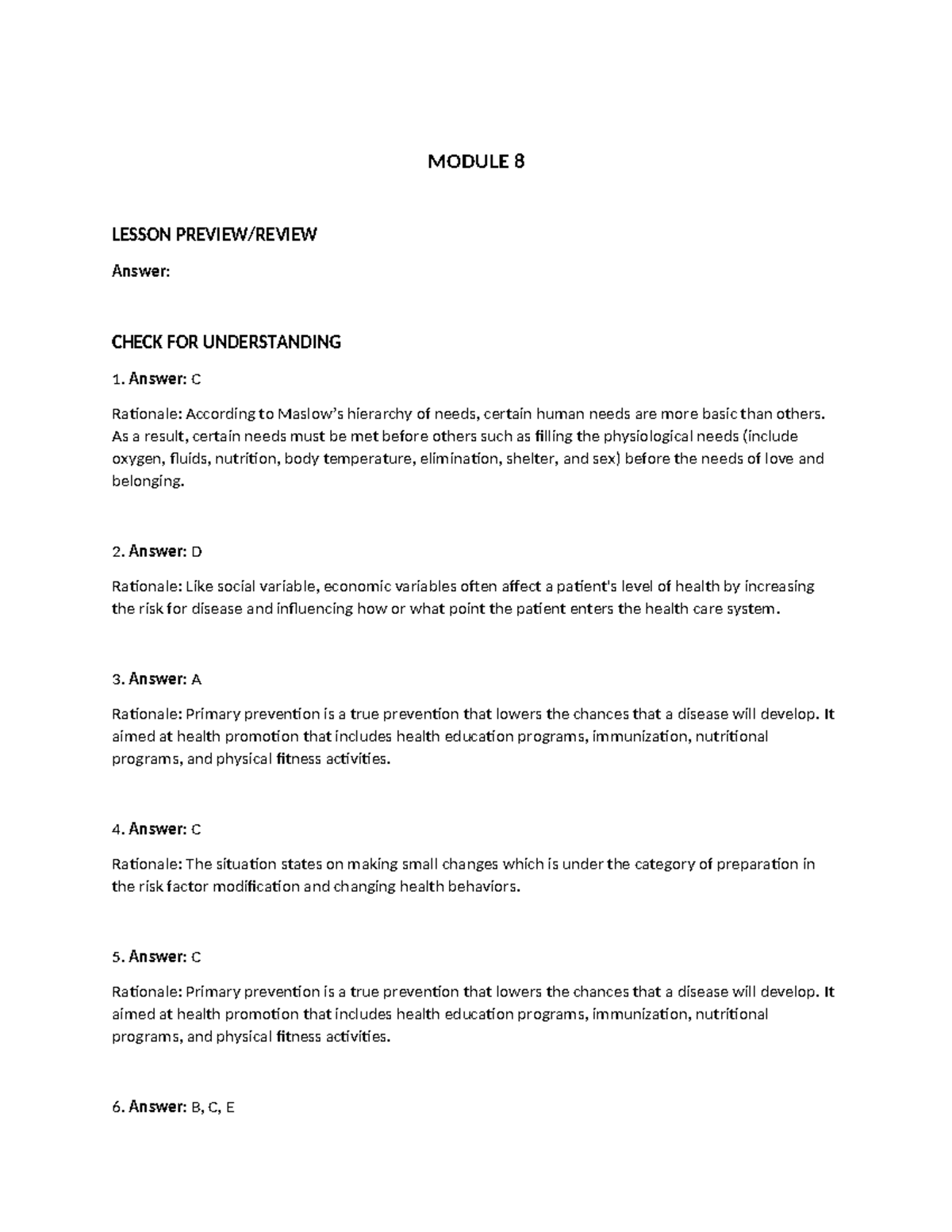 Module - 8 - NUR 091 - MODULE 8 LESSON PREVIEW/REVIEW Answer: CHECK FOR ...