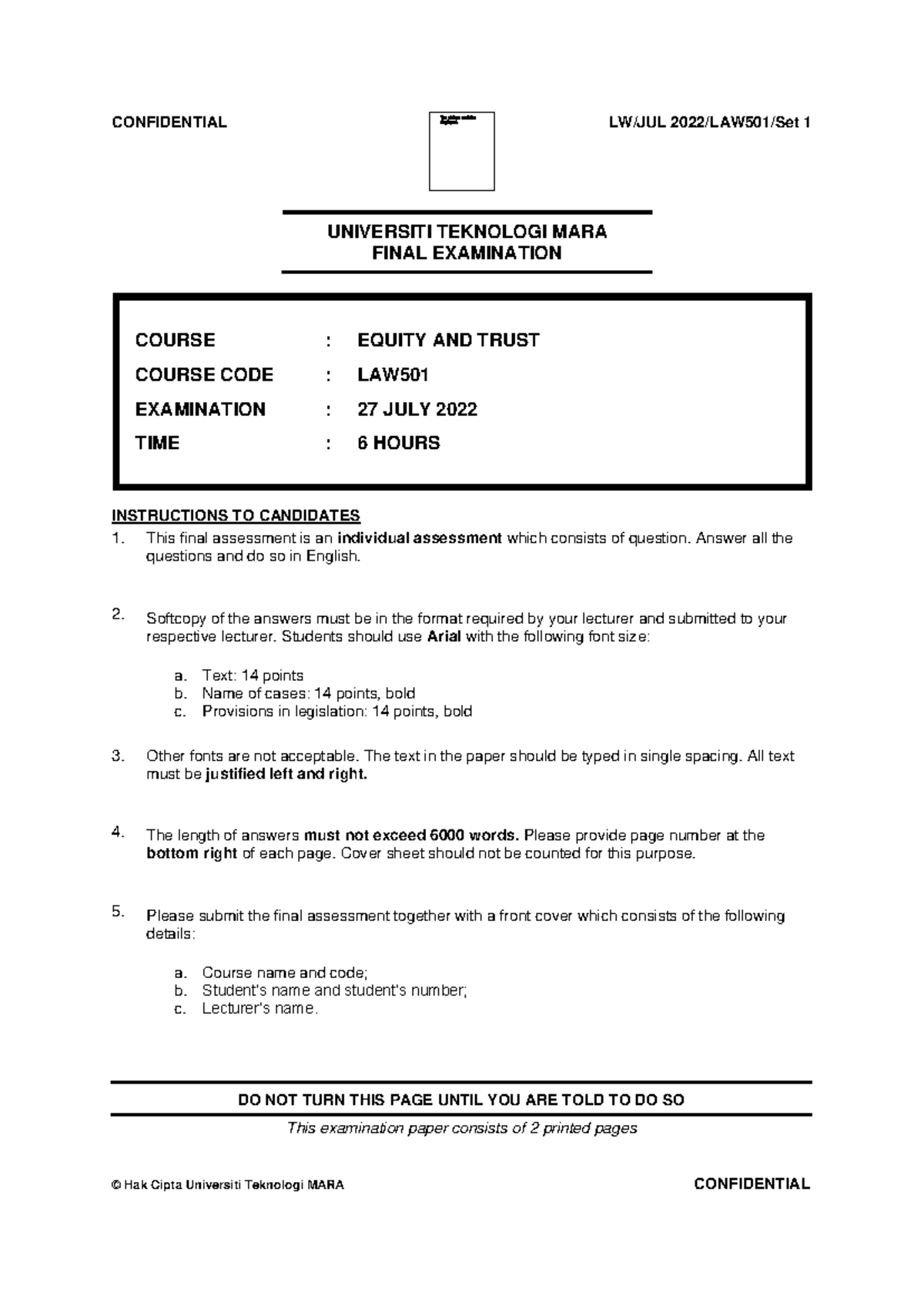 Final Assessment JUL 2022 - CONFIDENTIAL 1 UNIVERSITI TEKNOLOGI MARA ...
