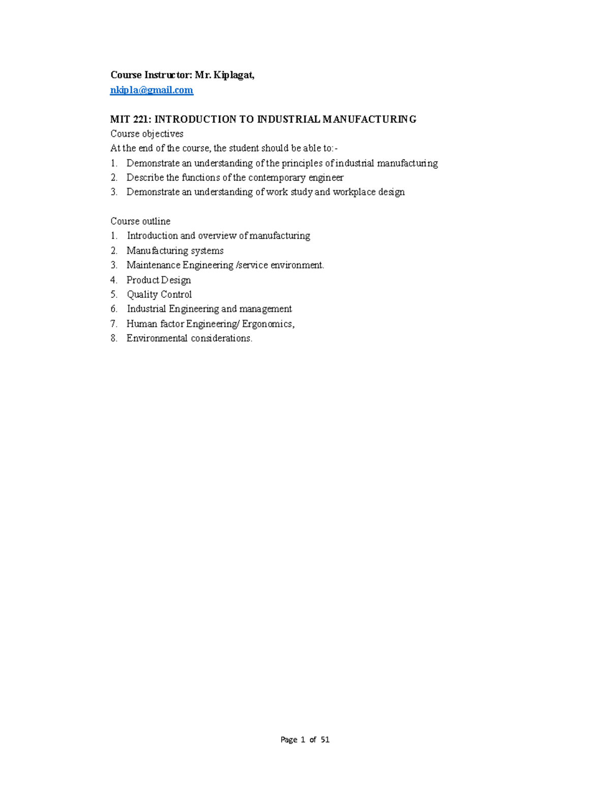 MIT 231 whole notes - Course Instructor: Mr. Kiplagat, nkipla@gmail MIT ...