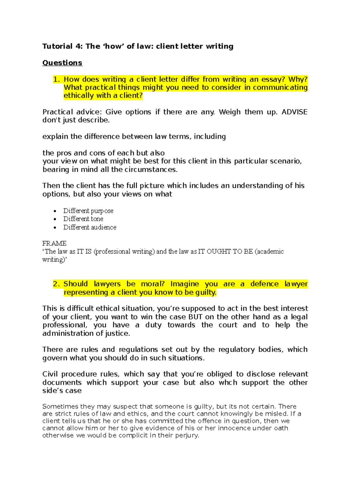 Tutorial 4 - Tutorial 4: The ‘how’ of law: client letter writing ...