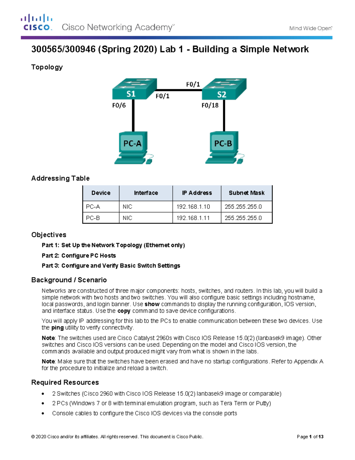 Lab 1 Building A Simple Network 2020 Topology Addressing Table Device Interface Ip Address