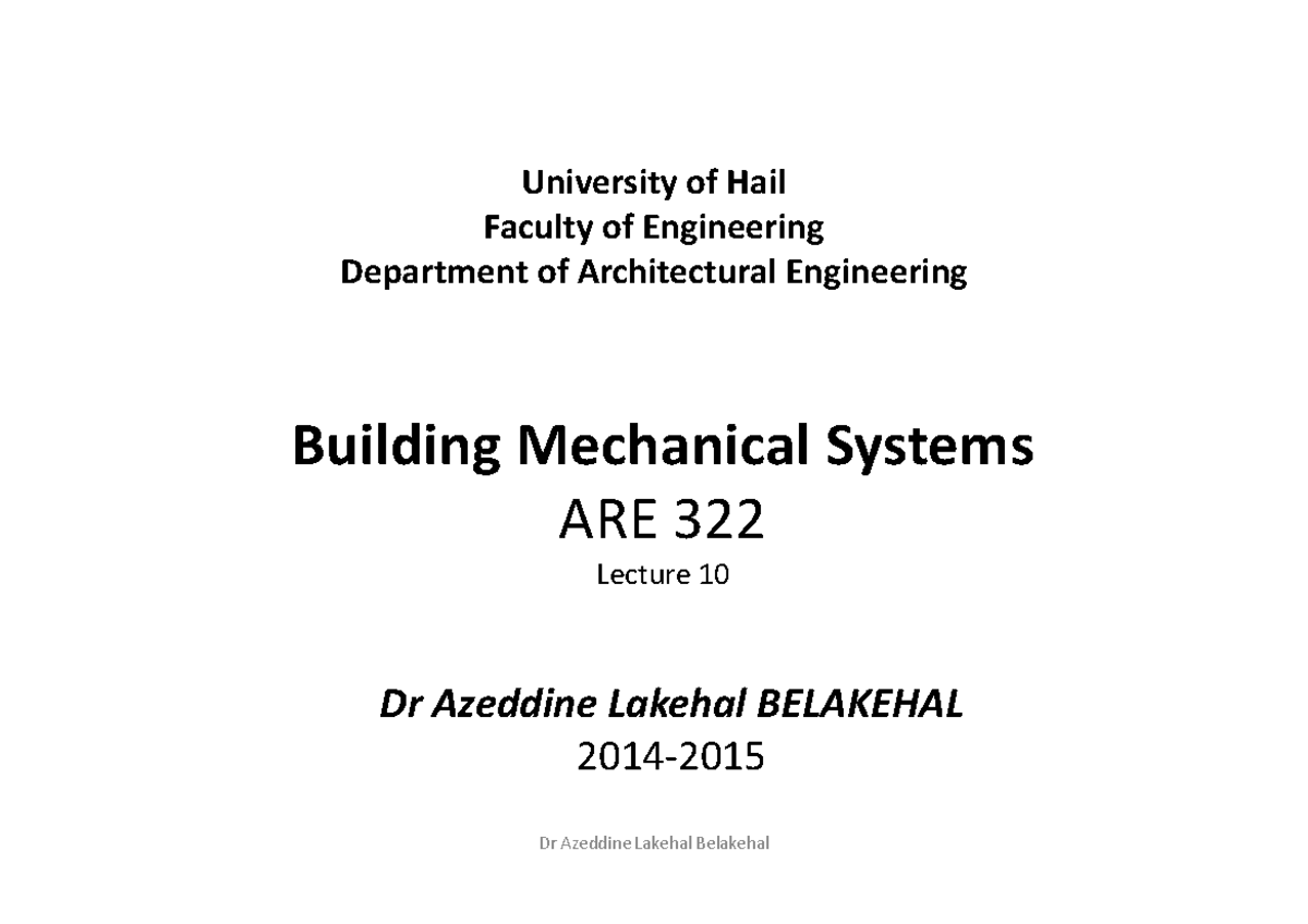 Building Mechanical Systems ARE 322 - University of Hail Faculty of ...