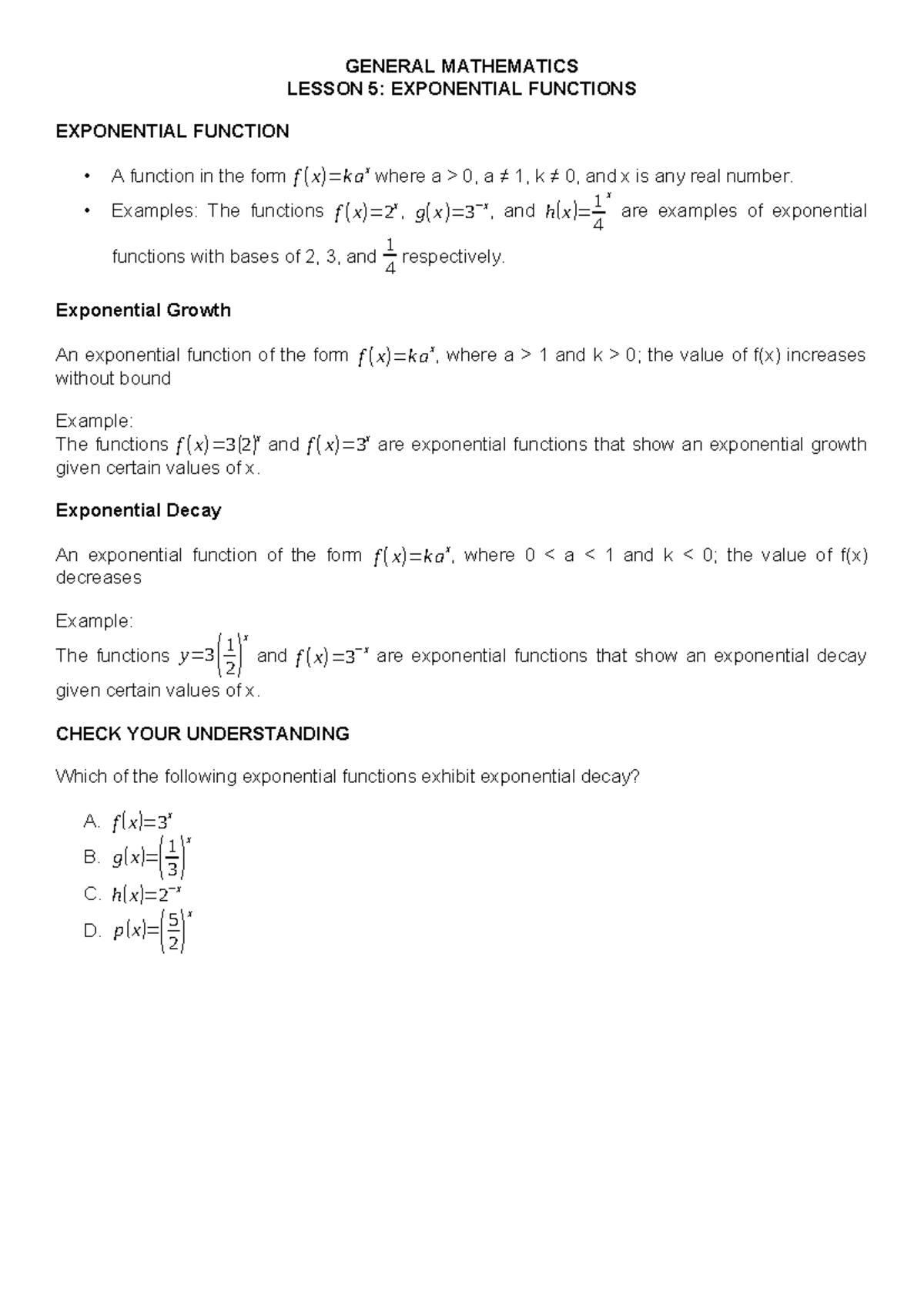 Exponential Functions - GENERAL MATHEMATICS LESSON 5: EXPONENTIAL FUNCTIONS EXPONENTIAL FUNCTION ...