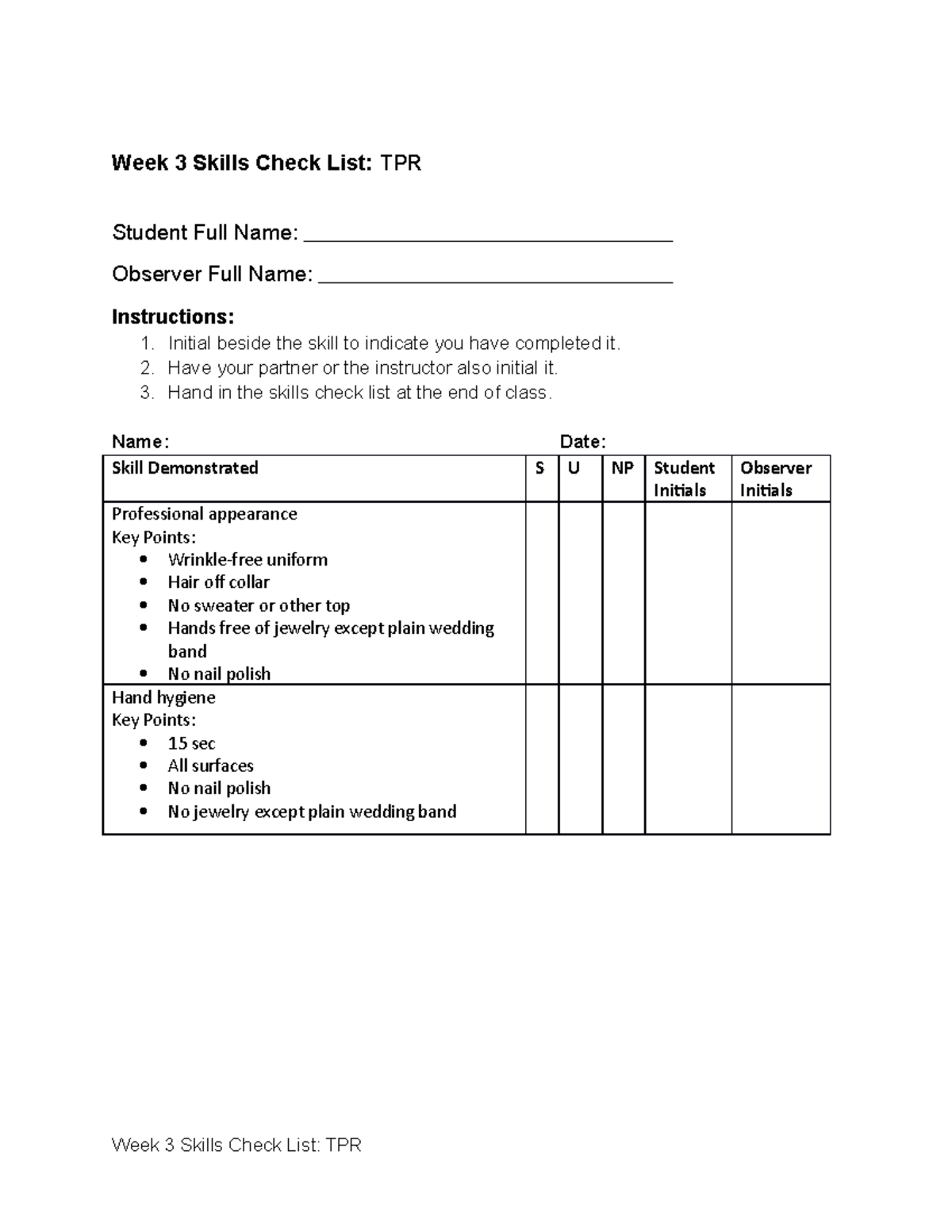 TPR check list to hand in - Week 3 Skills Check List: TPR Student Full ...