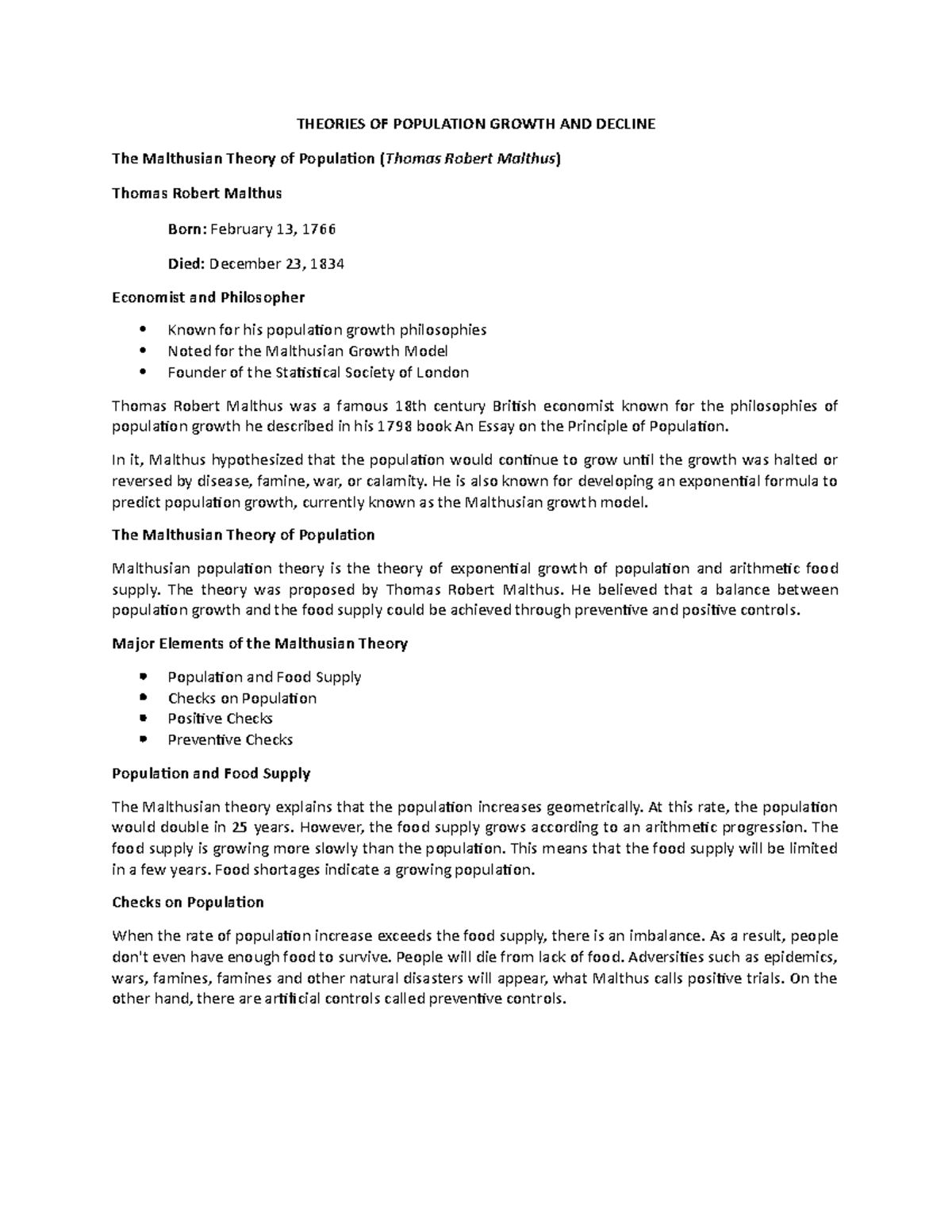 Theories OF Population Growth AND Decline - THEORIES OF POPULATION ...