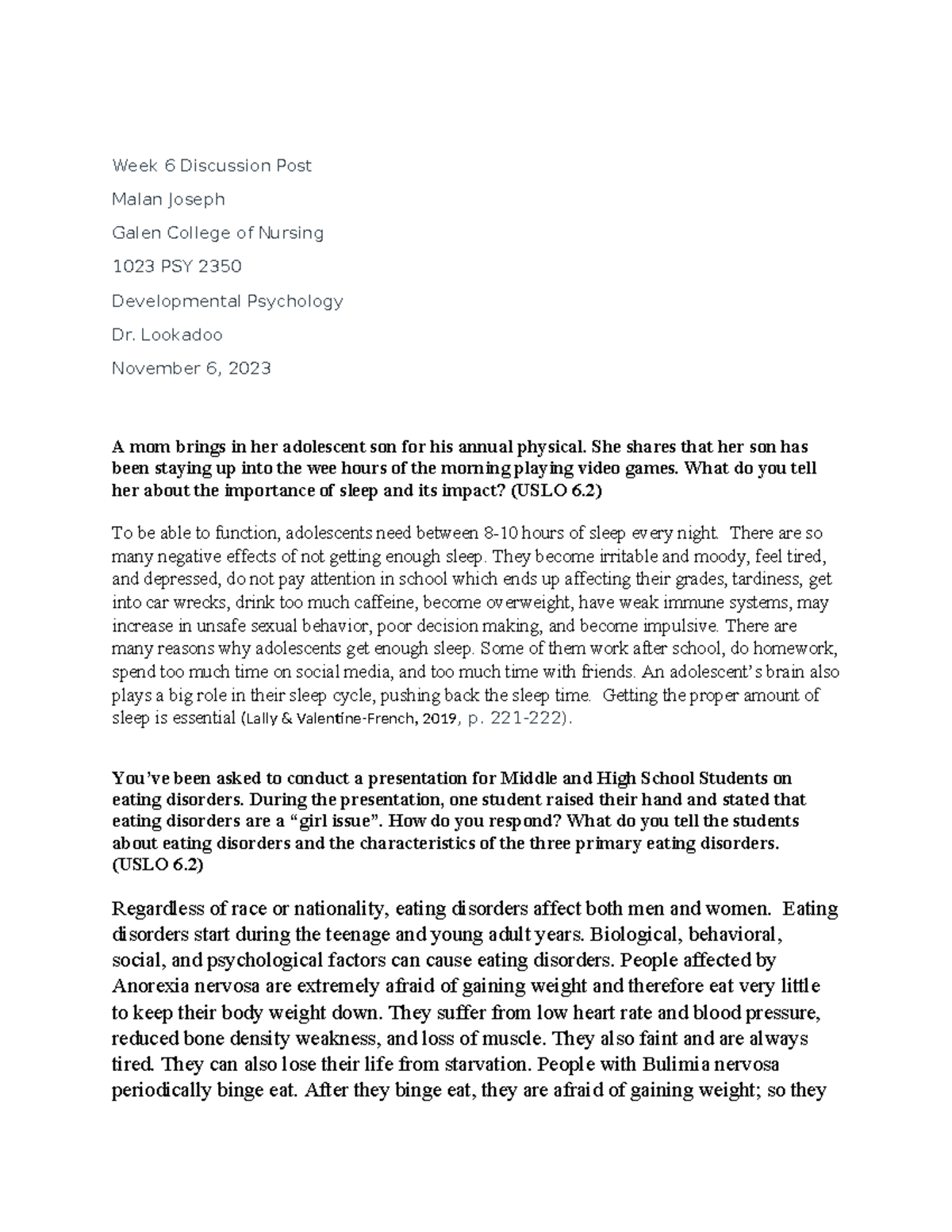 Developmental Psychology Week 6 Discussion Post - Week 6 Discussion ...