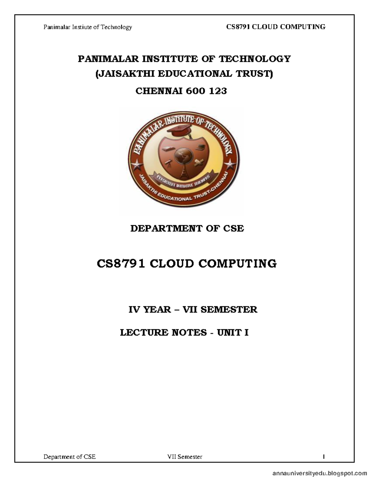 Cs8791 Cloud Computing Notes Annauniversityedu Department Of Cse Vii