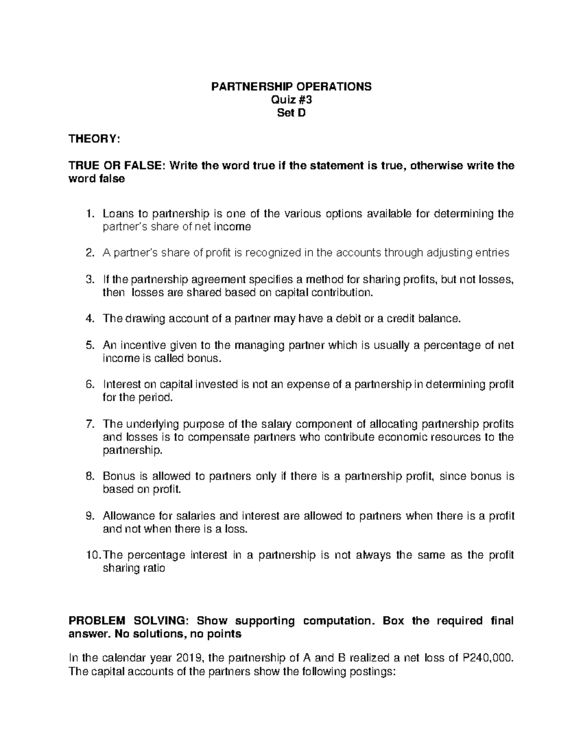 Partnership Operations (D) - PARTNERSHIP OPERATIONS Quiz # Set D THEORY ...