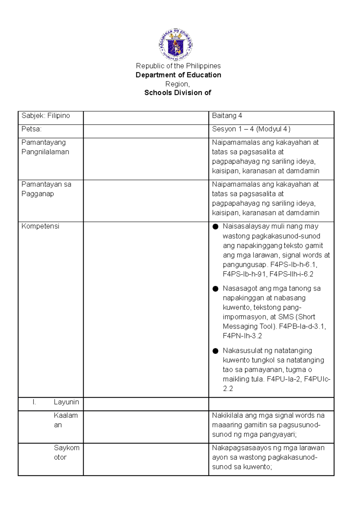 Grade 4 - Lesson PLAN Week 4 - Republic of the Philippines Department ...