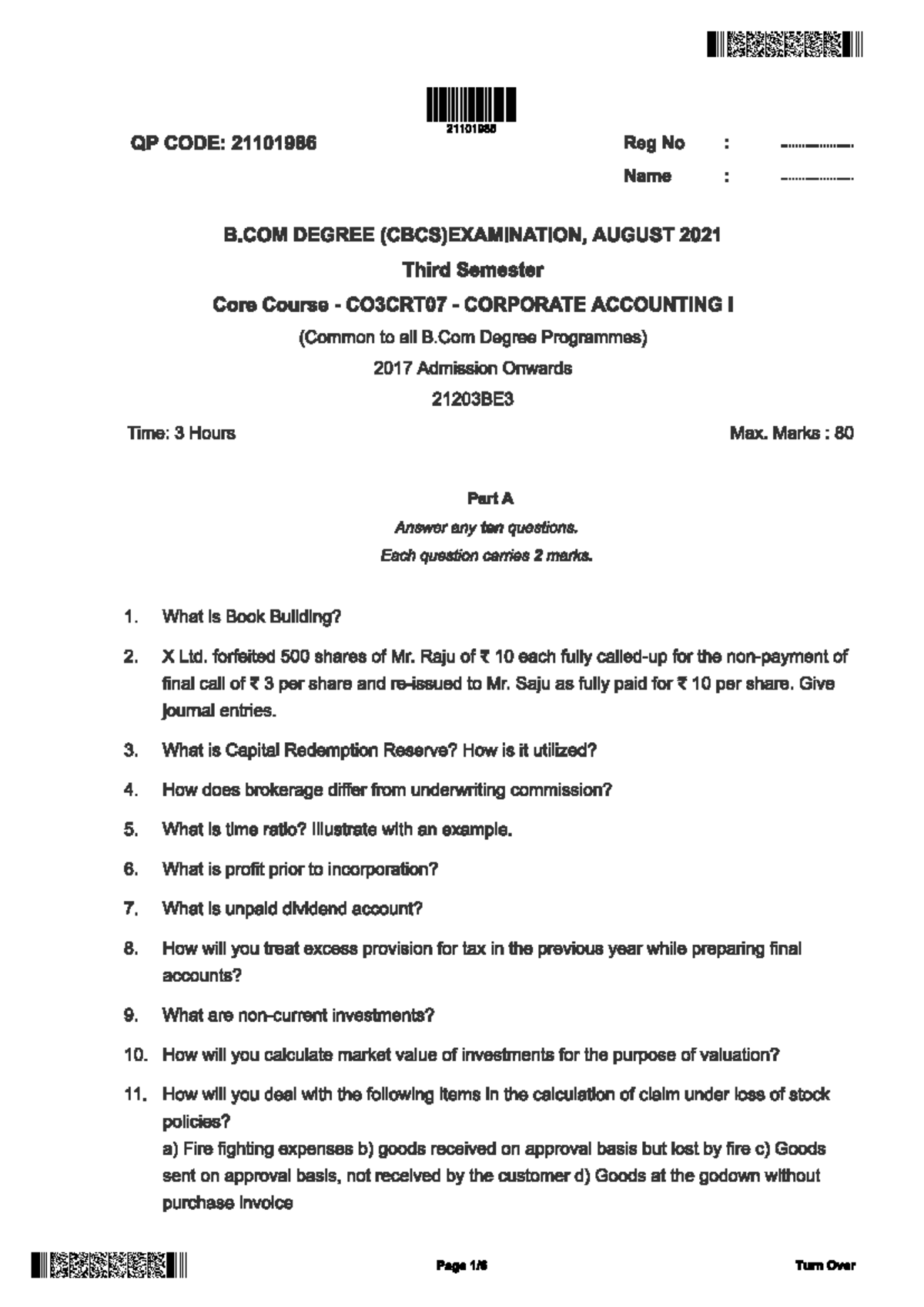 Corporate Accounting I AUG 2021 - 21101986 QP CODE: 21101986 Reg No : Name : B,COM DEGREE - Studocu