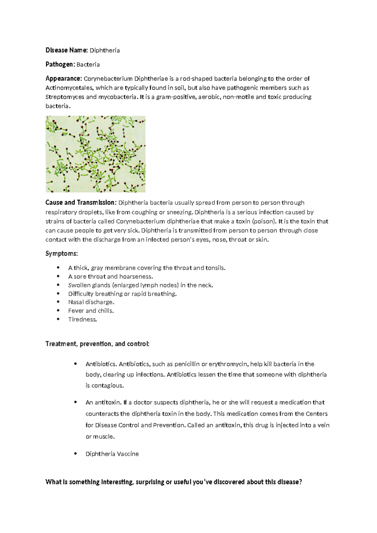 Diphtheria Infectious Disease Task - Disease Name: Diphtheria Pathogen ...