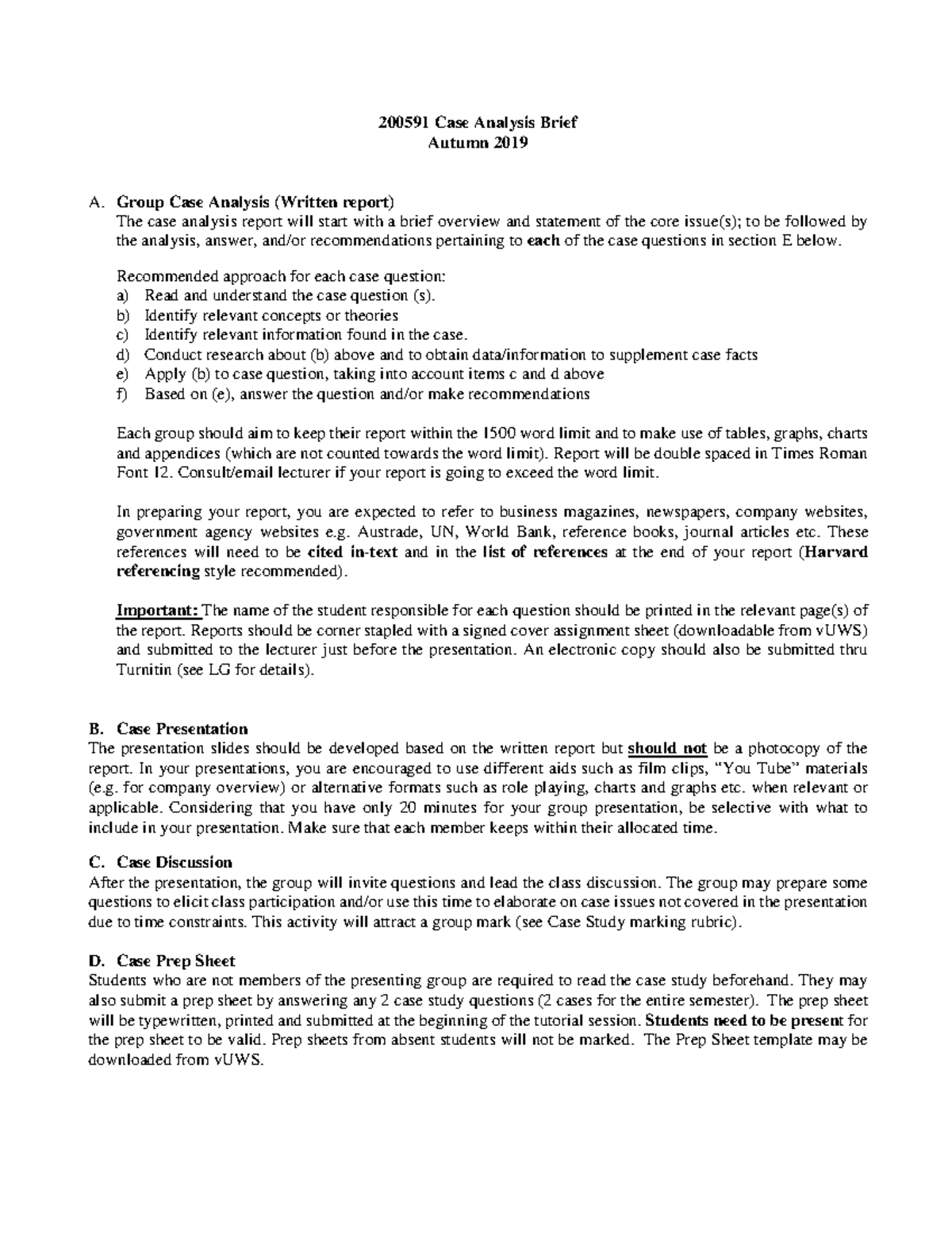 Case analysis brief Autumn 2019 - 200591 Case Analysis Brief Autumn ...