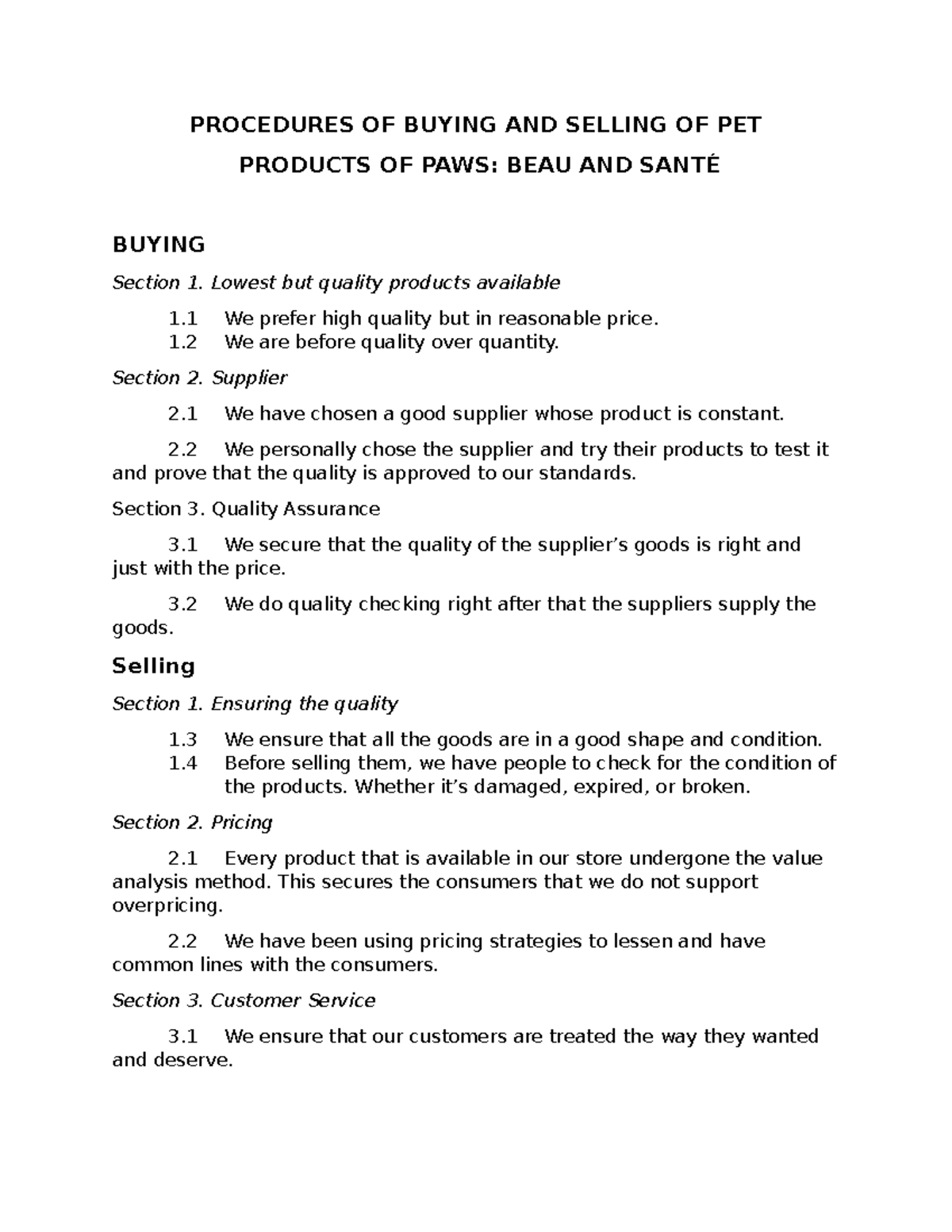 Procedures OF Buying AND Selling - Opeman - PROCEDURES OF BUYING AND SELLING OF PET PRODUCTS OF ...